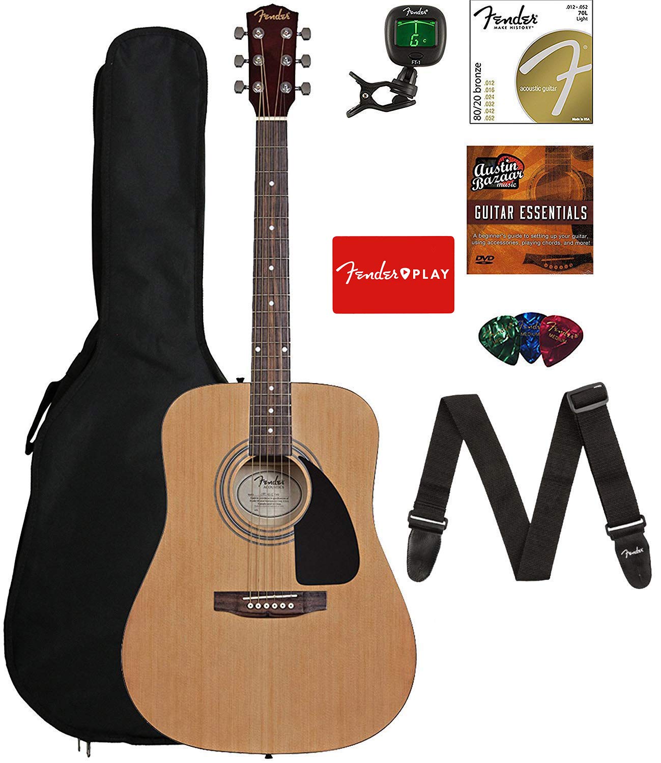 Fender FA-115 Dreadnought Acoustic Guitar Bundle with Gig Bag, Tuner, Strings, Strap, Picks, and Austin Bazaar Instructional DVD