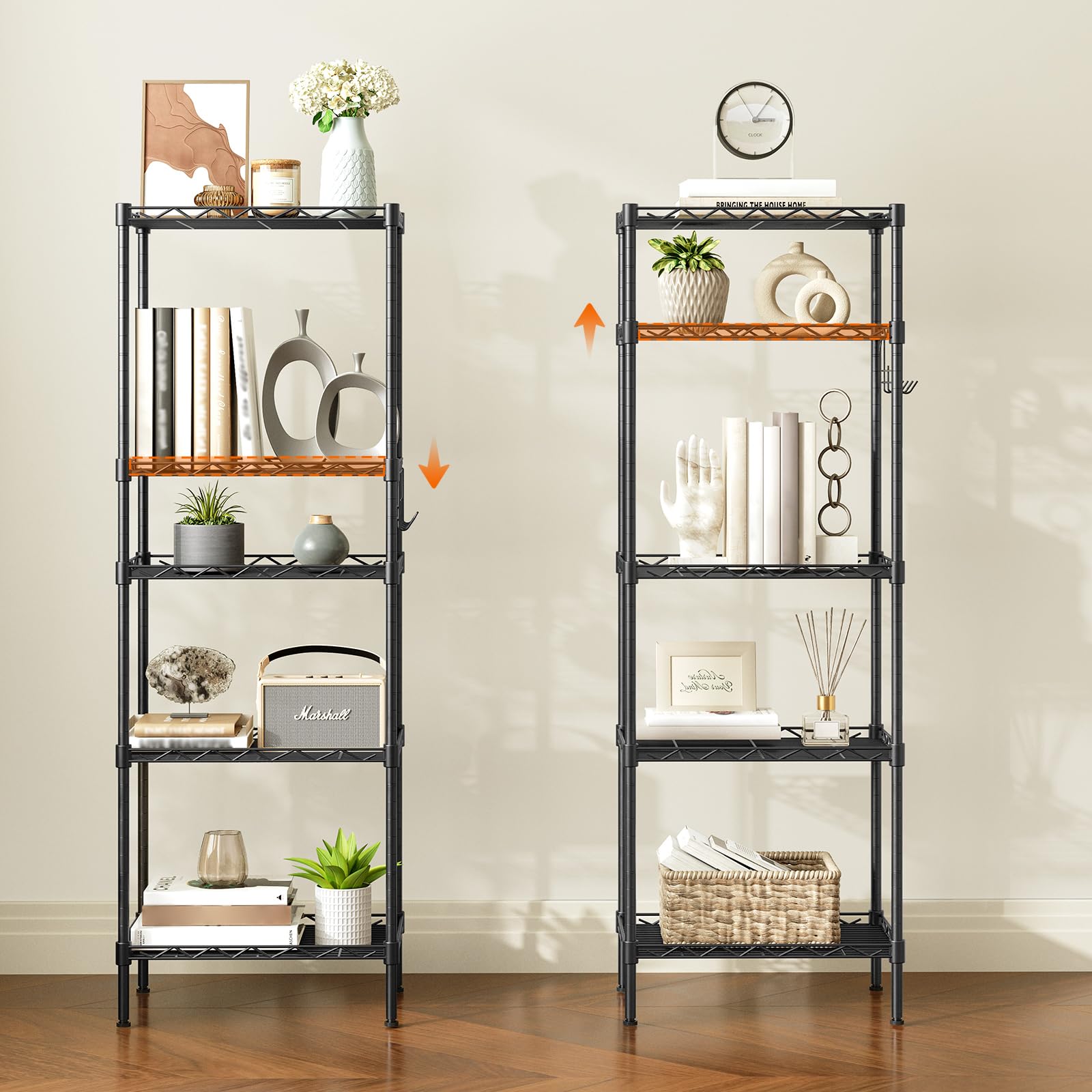 HOOBRO 5-Tier Storage Rack, Wire Shelving Unit with Adjustable Shelves, Standing Metal Shelf with Removable Drawer and 5 Hooks for Bathroom, Living Room, Bedroom, Kitchen, Black BK25CJ01
