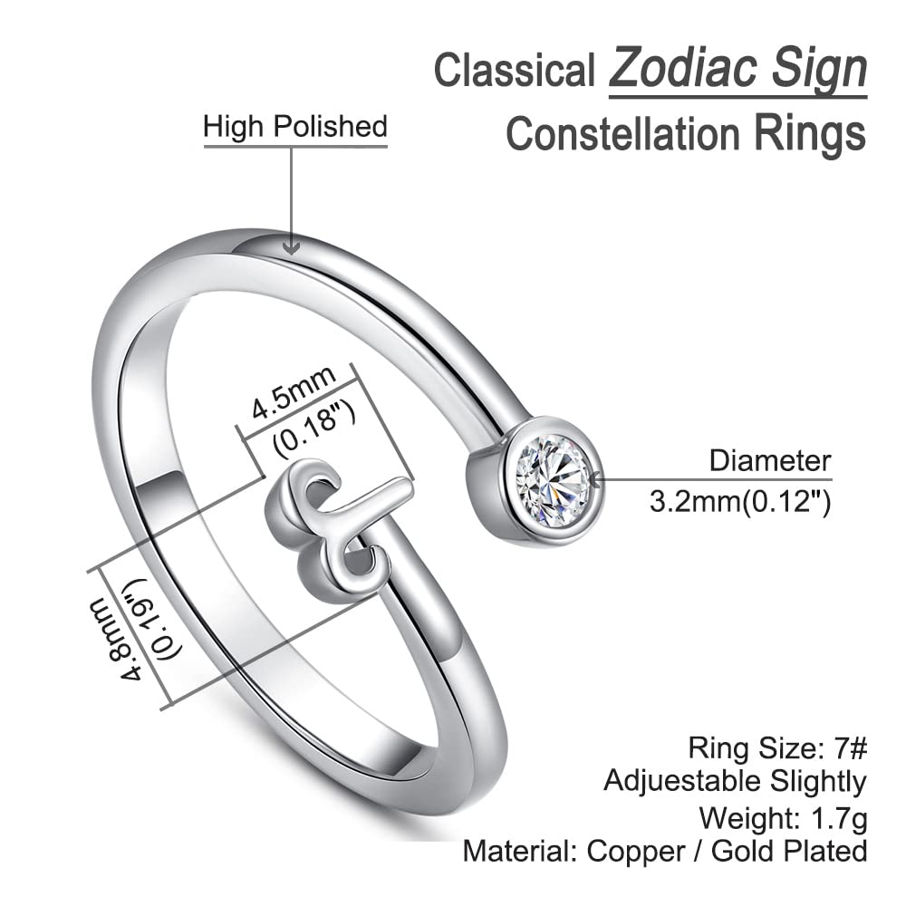 FLYUN Zodiac Rings Virgo Aries Scorpio Ring Minimalist Gold 12 Constellation Ring Cubic Zirconia Adjustable Ring Birthday Gifts for Women (8-Scorpio Ring-Silver)
