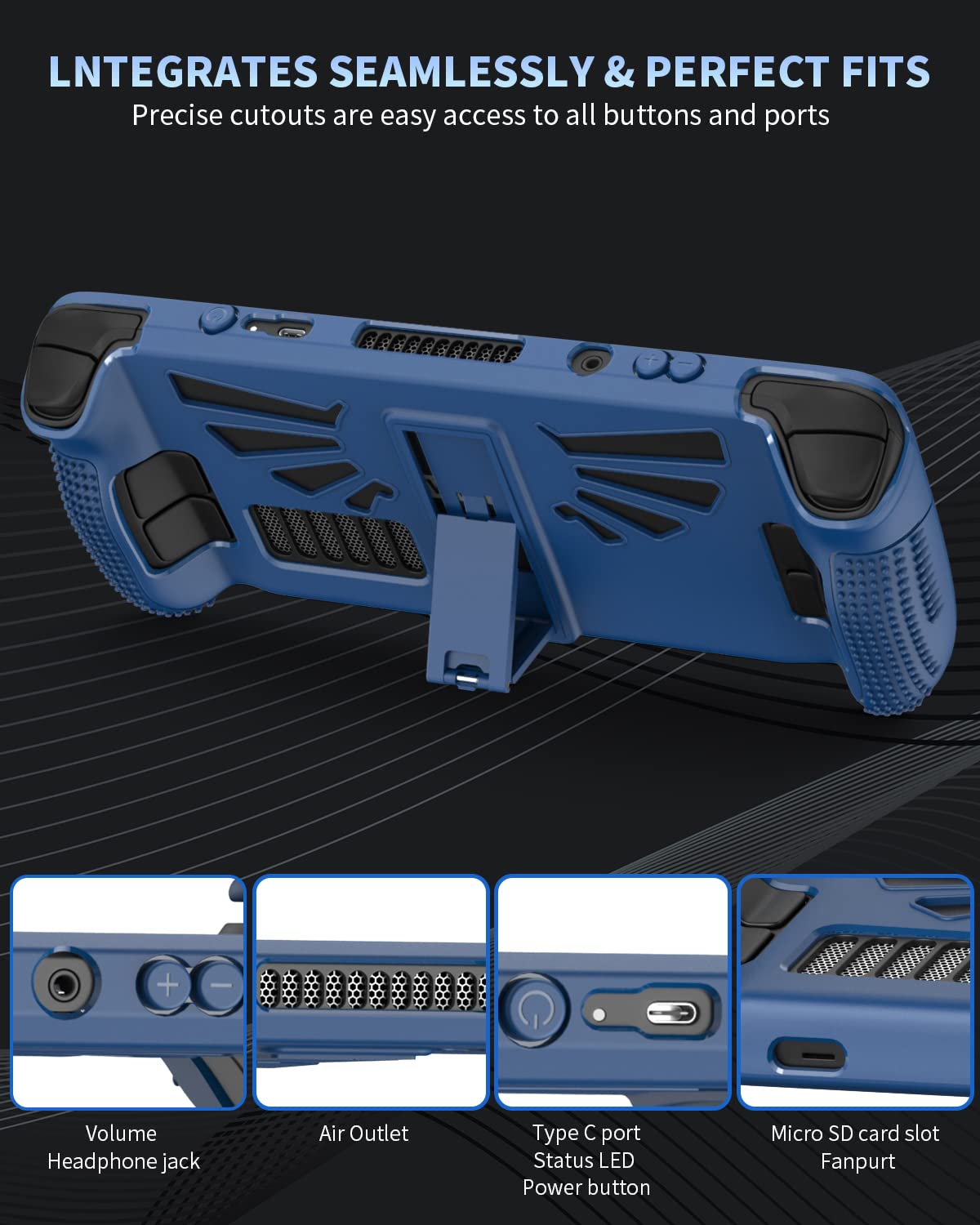 FREEOL Kickstand Protective Case for Steam Deck, TPU Adjustable Stand Base Cover Case with 4 Rocker Caps, shock-absorbing, anti-skid, anti-scratch functional protective cover for Steam Deck- Blue
