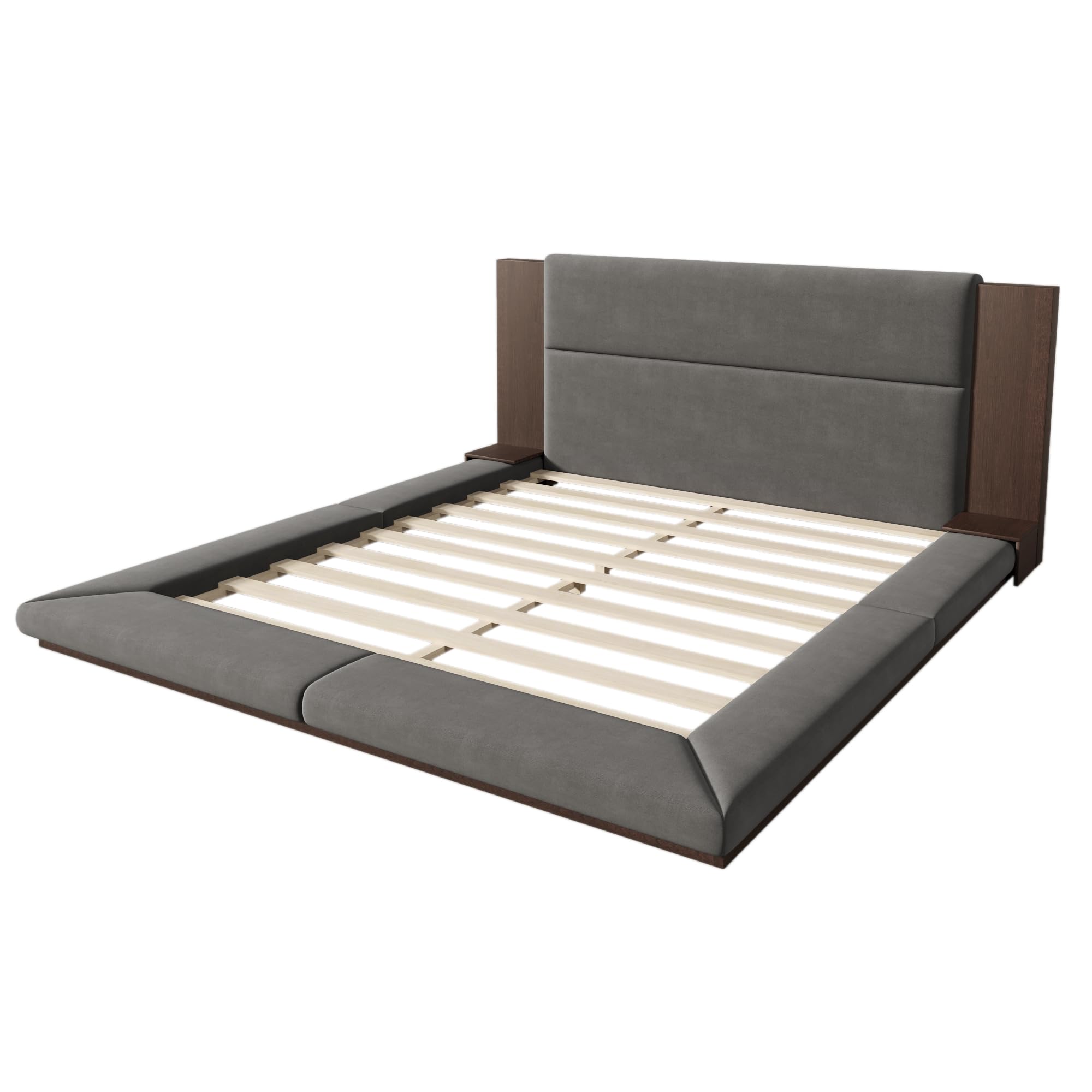 Merax Floor Upholstered Platform Bed with Extended Wood Headboard & Bedside Shelf,No Box Spring Needed,King Size,Gray