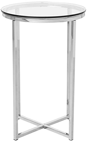 Walker Edison Cora Modern Glass Top Round Accent Table with X Base, 16 Inch, Glass and Chrome