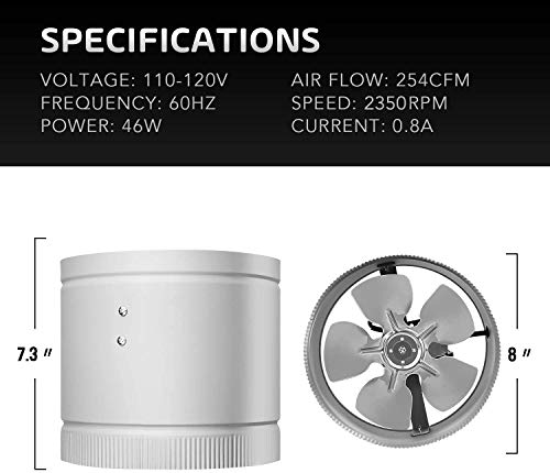 iPower 8 Inch 254 CFM Inline Duct Fan with Low Noise, HVAC Exhaust Ventilation Fan for Bathrooms/Kitchens/Basements/Attics, Grey
