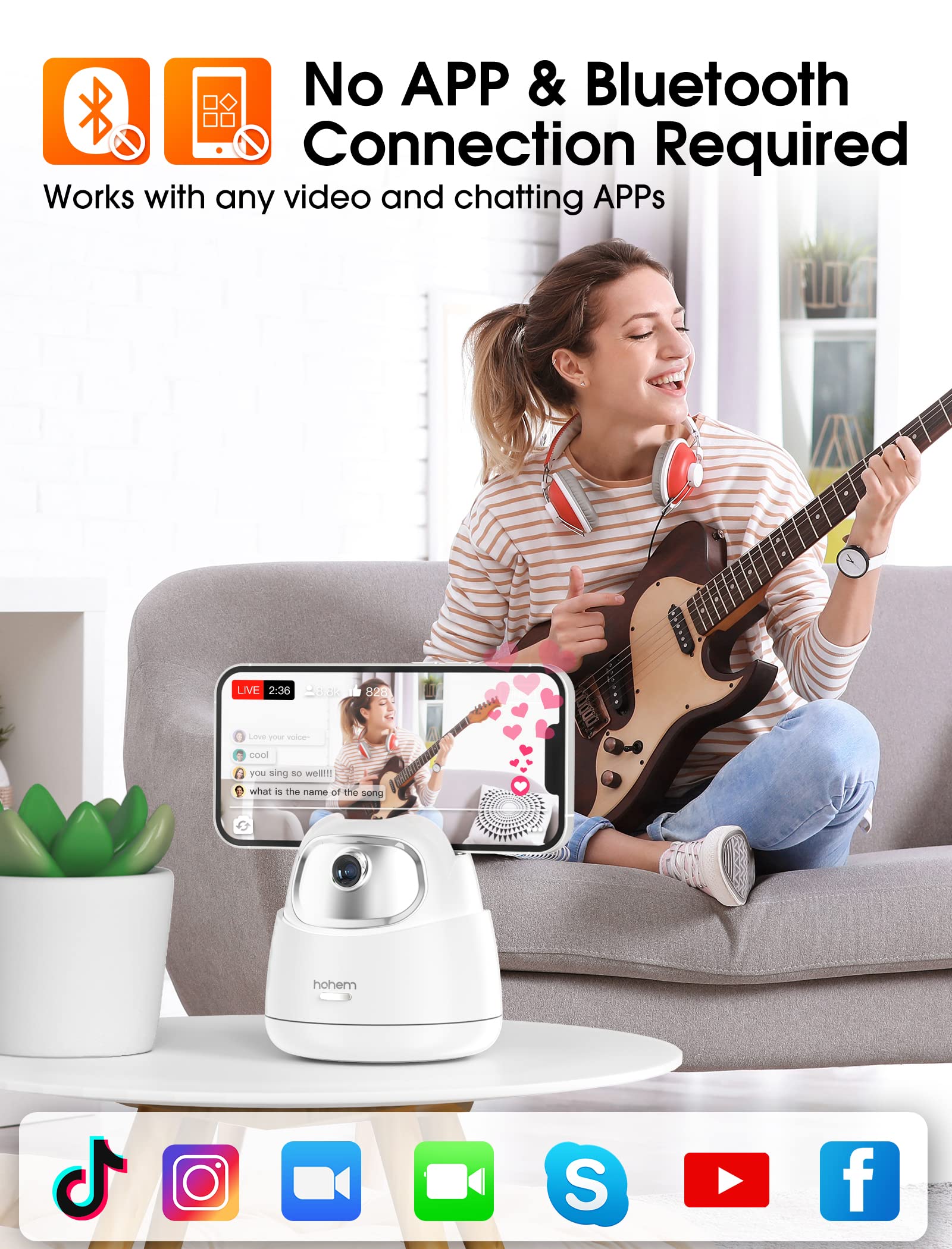 hohem GO Auto Face Tracking Tripod, No App Required, 360° and 30° Rotation 2-Axis AI Auto Tracking Phone Holder for Phone & Tablet, Gesture Control, Phone Stand for Live Streaming Vlog Video Recording