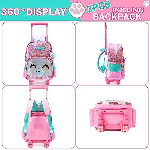 Meetbelify Rolling Backpack for Girls Cute Pink Cat School Backpack with Wheels Kids Sequin Roller Luggage for Elementary Kindergarten Students with Lunch Box Pencil Case for Girls 5-12 Years Old