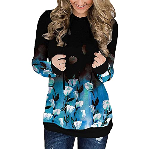 FMCHICO V Neck Blouses For Women Womens Floral Hoodies Sweatshirt Long Sleeve Drawstring Casual Pullover Tops Sweatshirts Blue