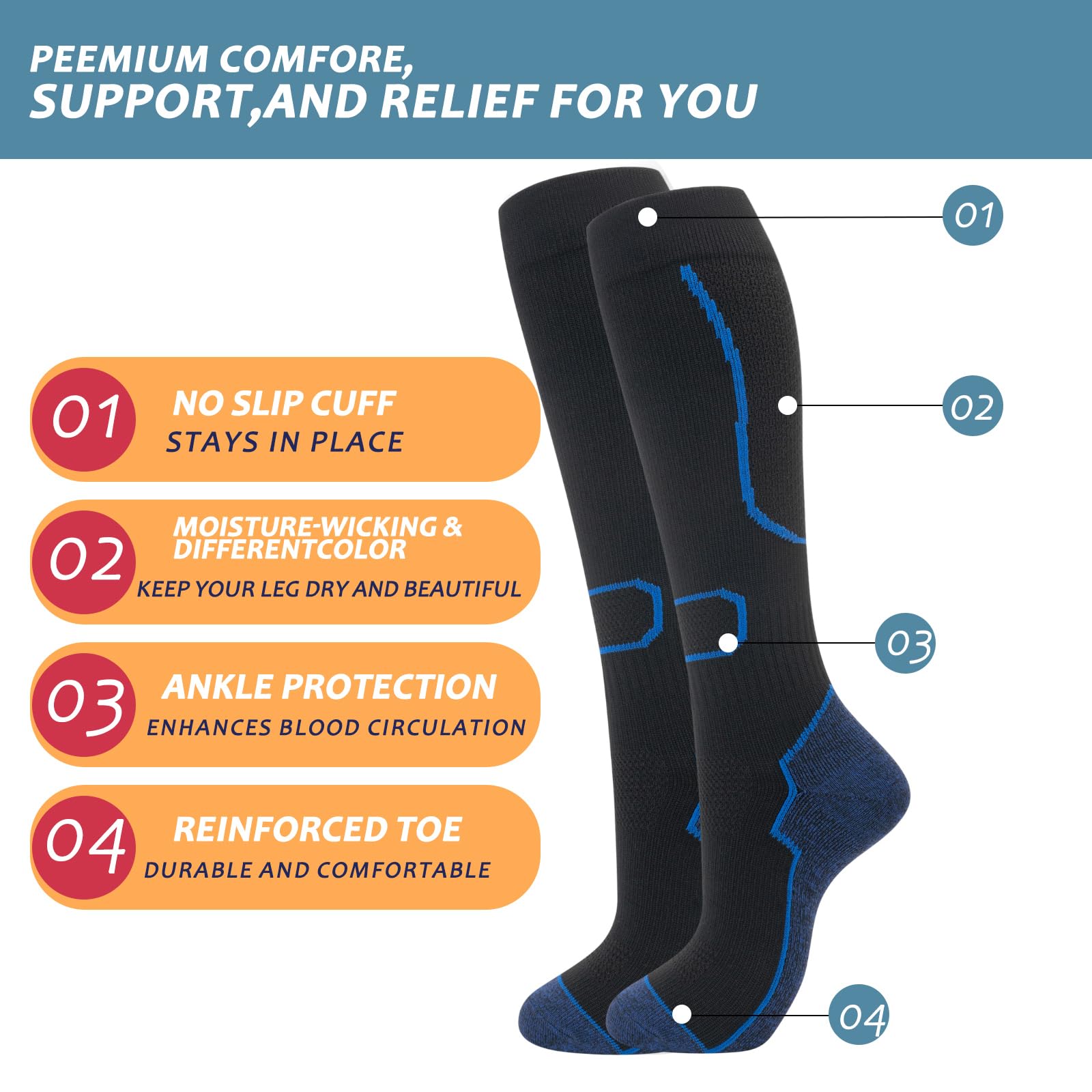fenglaoda 6 Pairs Compression Socks for Women & Men Knee High Cute Circulation Socks for Nurse Pregnant Travel Athletic