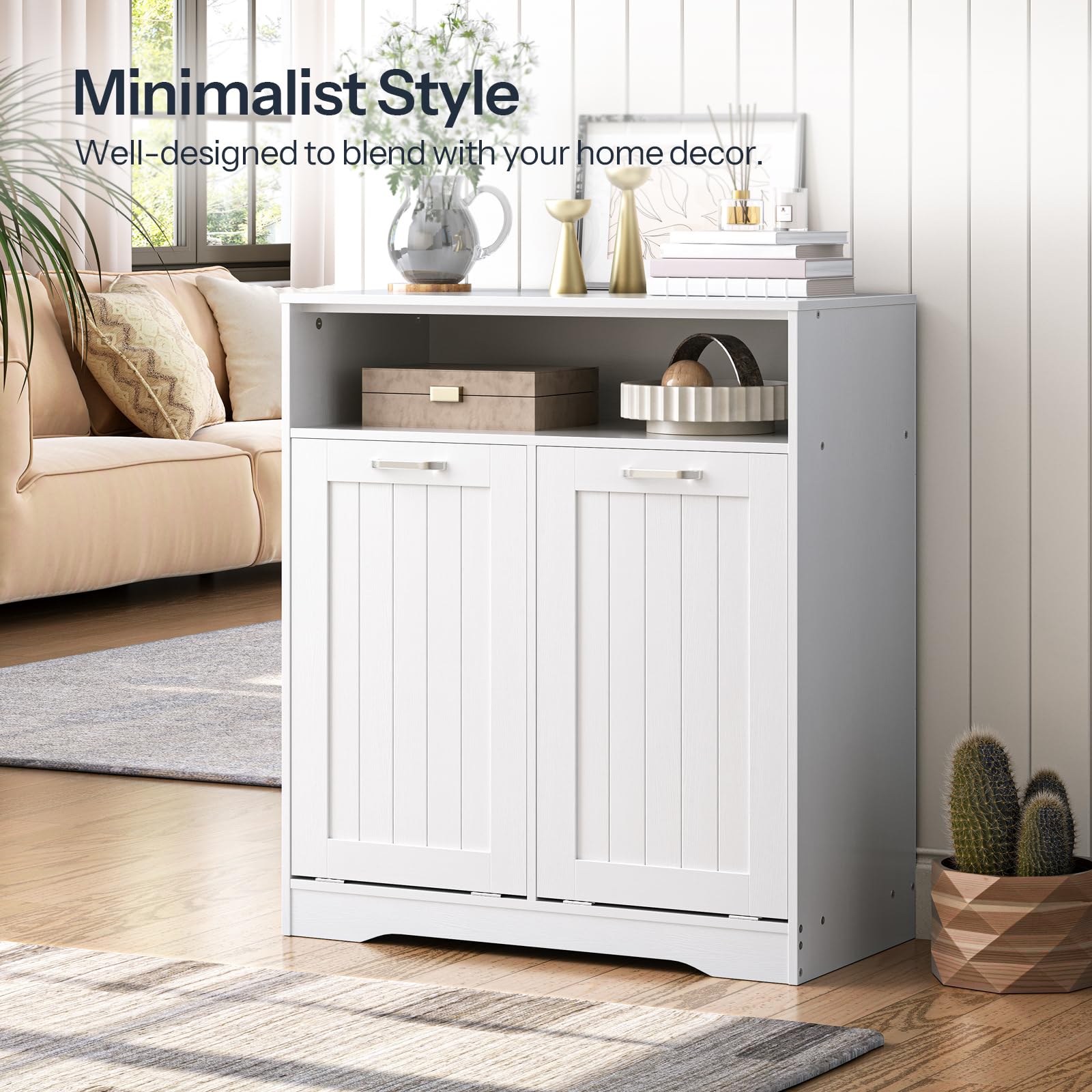 HOOBRO Laundry Cabinet, Tilt-Out Laundry Hamper, Pull Out Laundry Sorter with 2 Removable Basket and Open Shelving, Storage Cabinet for Laundry Room, Bathroom, Living Room, White WT80XY01