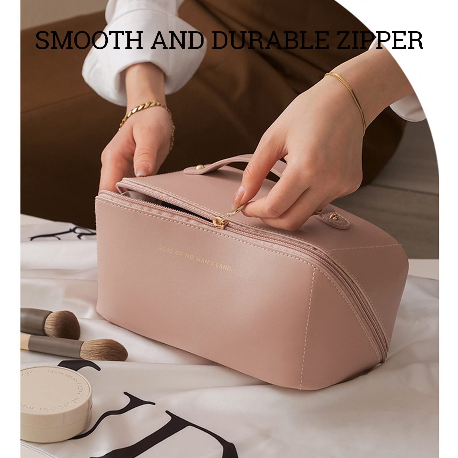 Enthu-U Large Capacity Travel Cosmetic Bag- Makeup Bag,Women Waterproof PU Leather Makeup Organizer Bag with Handle and Divider,Makeup Bag Large Opening-Pink