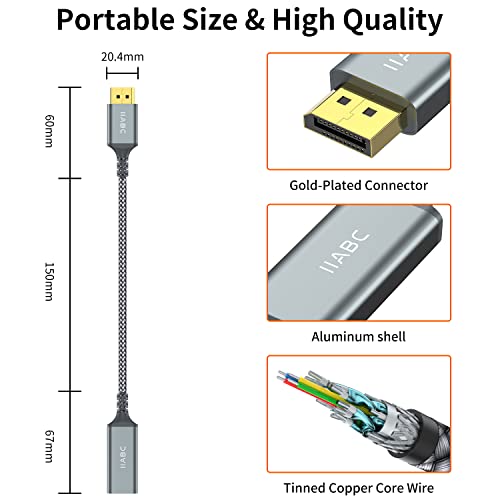 IIABC 4K DisplayPort to HDMI Adapter Cable, Gold-Plated Uni-Directional Display Port PC to HDMI Screen Converter (Male to Female) Compatible for HP, Dell, GPU, AMD, NVIDIA, More. Passive