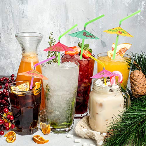 FEPITO 58 PCS Umbrella Drinking Straws Reusable,Parasol Bendy Reusable Drinking Straws for Hawaiian Beach Cocktail Luau Tropical Party Decorations Supplies