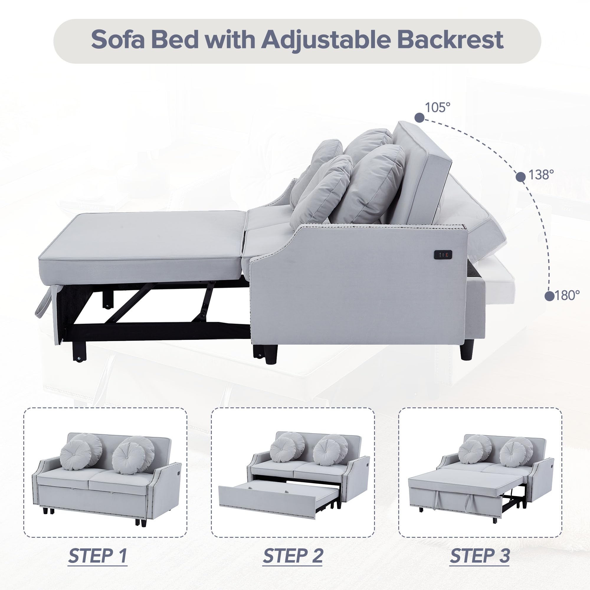 Merax Pull-Out Sofa Bed with a Button Tufted Adjustable Backrest and 4 Lumbar Pillows, 2 Seat Loveseat Lounge with USB Ports, 3 in 1 Convertible Sleeper Couch for Living Room, 54.7", Coffee