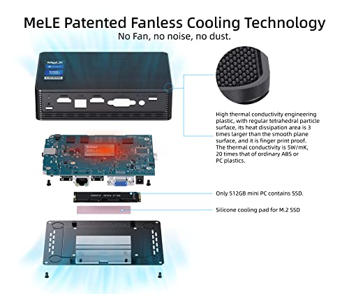 MeLE Fanless Mini PC QuieterHD3 N5105 Windows 11 Pro, 16GB RAM 512GB Mini Computer, WiFi6 BT5.2 Gigabit Ethernet, Support 4K UHD Triple Display, M.2 NVMe SSD, 2.5'' SATA HDD/SSD, Business Home PC