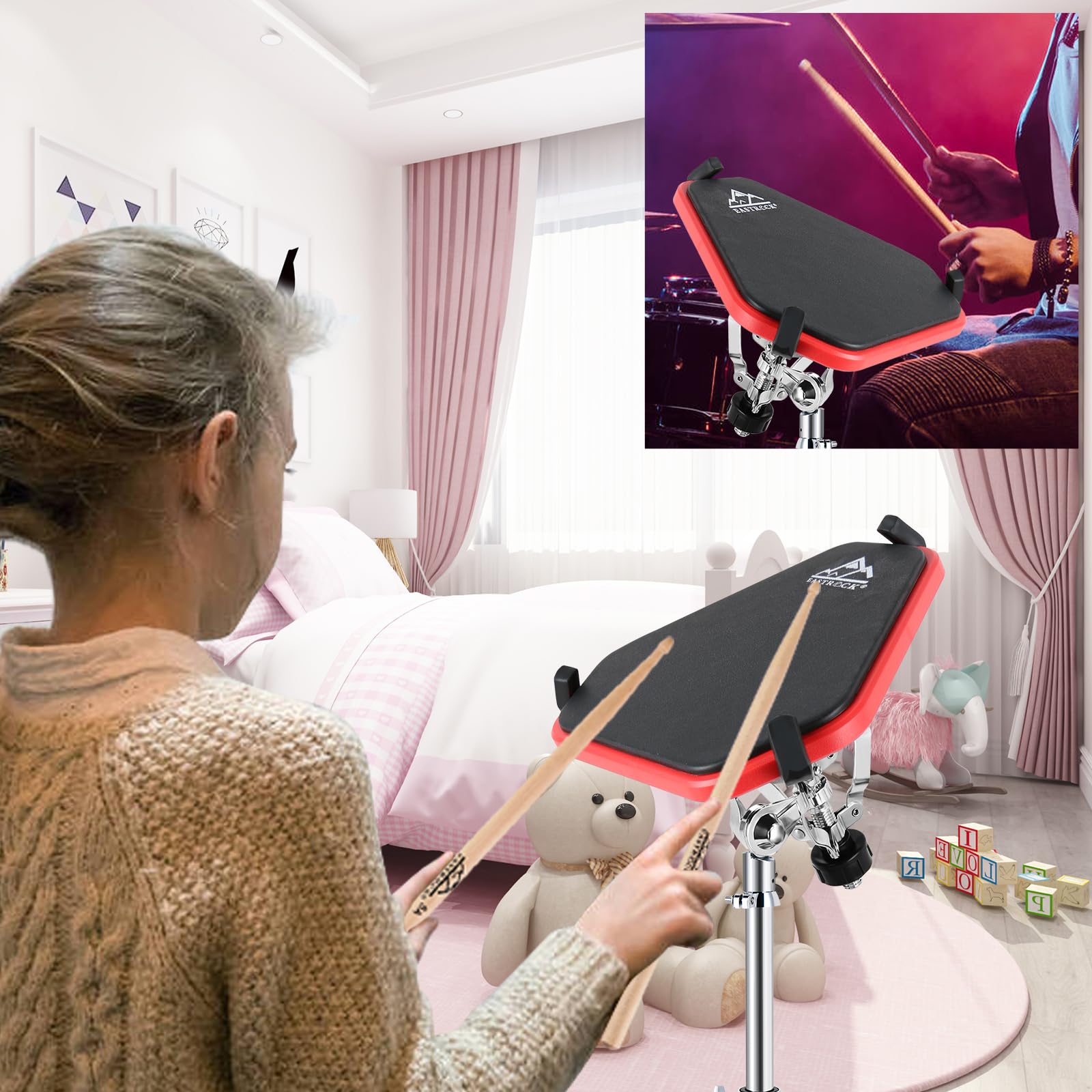 EASTROCK Practice Drum Pad With Stand, 11 Inches Double Sided Slient Silicone Drum Practice Pad, Silicone Dumb Drum with Drum Stand,Red+Black