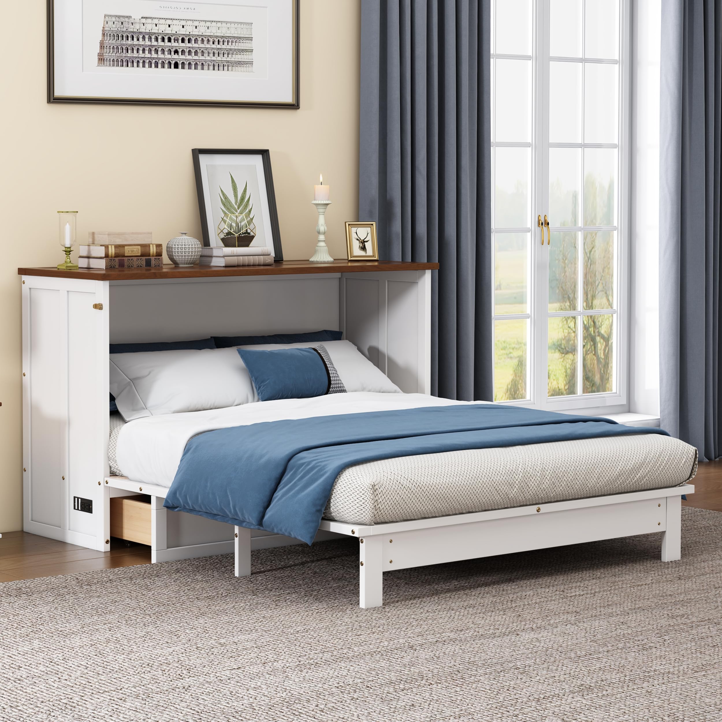 Merax Queen Murphy Bed with Storage & Charging Station, Farmhouse Solid Wood Murphy Cabinet with Foldable Panel, Noisy Free, for Guest Bedroom, Living Room, Office, White+Walnut