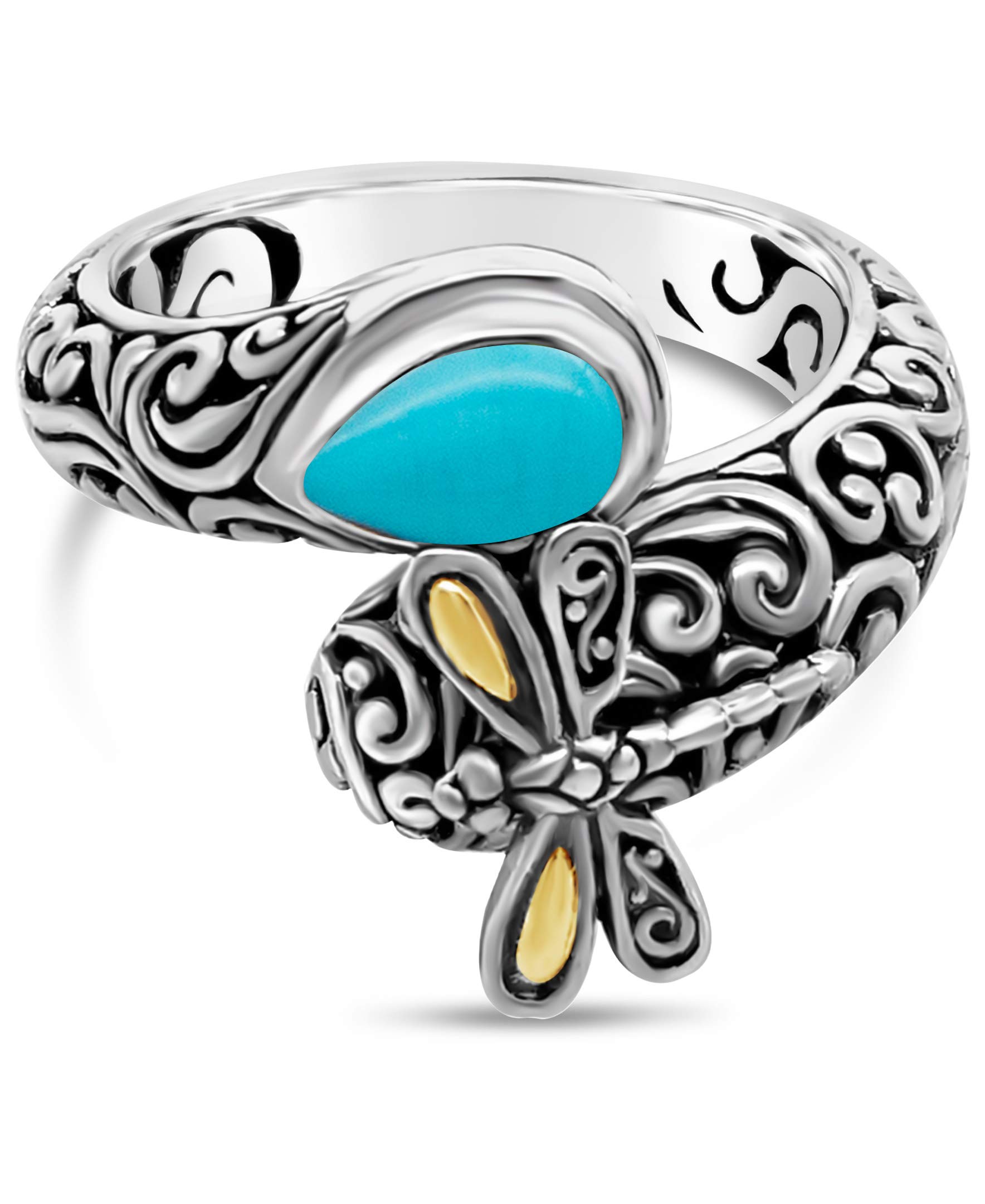 DEVATA Sterling Silver 925 and 18K Gold with Blue Topaz Sweet Dragonfly Bali Filigree Bypass Ring SFM8537ABT (Size 07)