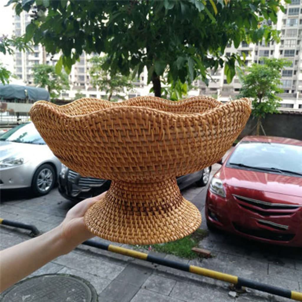 FUKQVOD Simple Fashion Hand-Woven Rattan Tray,Round Brown Natural Decorative Storage Wicker Serving Tray,for Cookies Tea Snacks Fruit Convenience