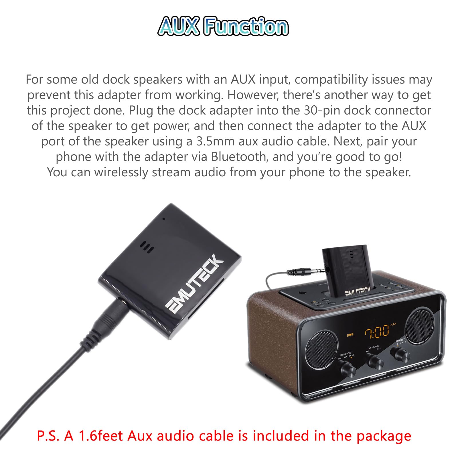 EMUTECK 30 Pin Bluetooth 5.0 Receiver Stereo Adapter for Bose SoundDock 2 and Other 30-pin Dock Speakers, with 3.5mm Aux Cable, for iPhone iPod Music Docking Stations (Not for Cars)