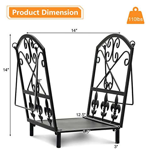 Goplus 14” Small Firewood Rack, Indoor Outdoor Decorative Firewood Storage Carrier Log Rack with Handles, Elegant Patterns & Raised Legs, Heavy Duty Firewood Holder for Fireplace, Fire Pit