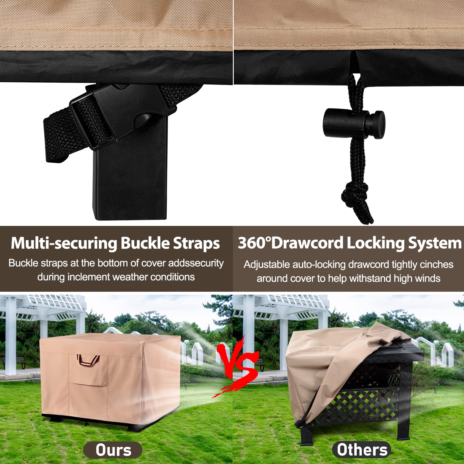 Fire Pit Cover Square - 42-44 Inch Heavy Duty 900D Strong Tear-resistant and UV Resistant and Waterproof and Fading Resistant Material Polyester Firepit Covers Square for Outdoor Fire Table - Wheat