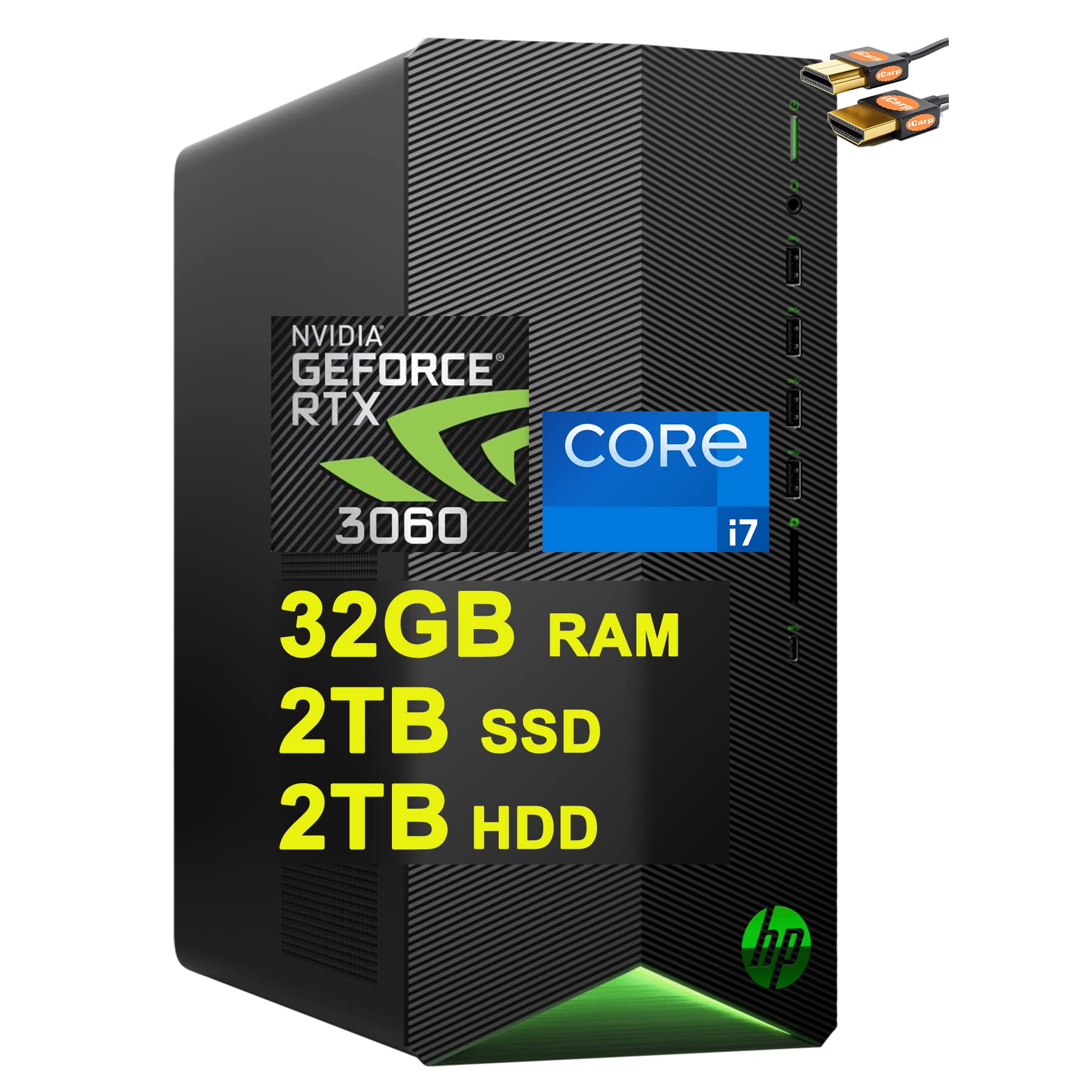 HP Pavilion Gaming Desktop Computer 11th Generation Intel Octa-core i7-11700 Processor 32GB RAM 2TB SSD + 2TB HDD GeForce RTX 3060 12GB Graphic USB-C DiplayPort Bluetooth Win11 Black + HDMI Cable
