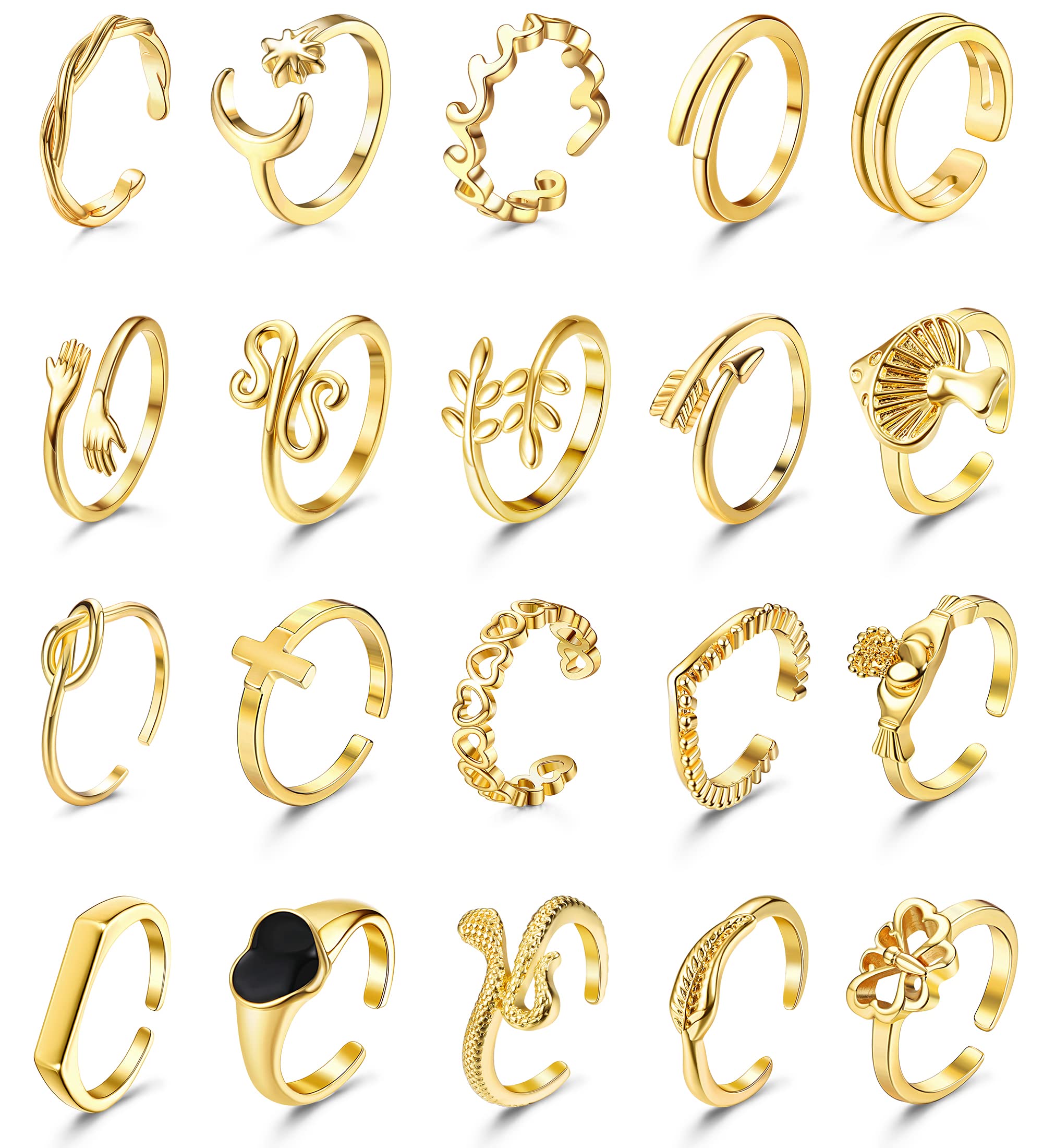 DOLOTTA 20PCS Adjustable Toe Rings for Women Heart Leaf Arrow Open Toe Ring Set Knuckle Midi Tail Ring Women Summer Beach Foot Jewelry Set