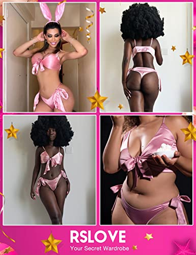 RSLOVE Women Sexy Lingerie Set Satin Bow Tie 2 Piece Bra and Panty Sets Pink L