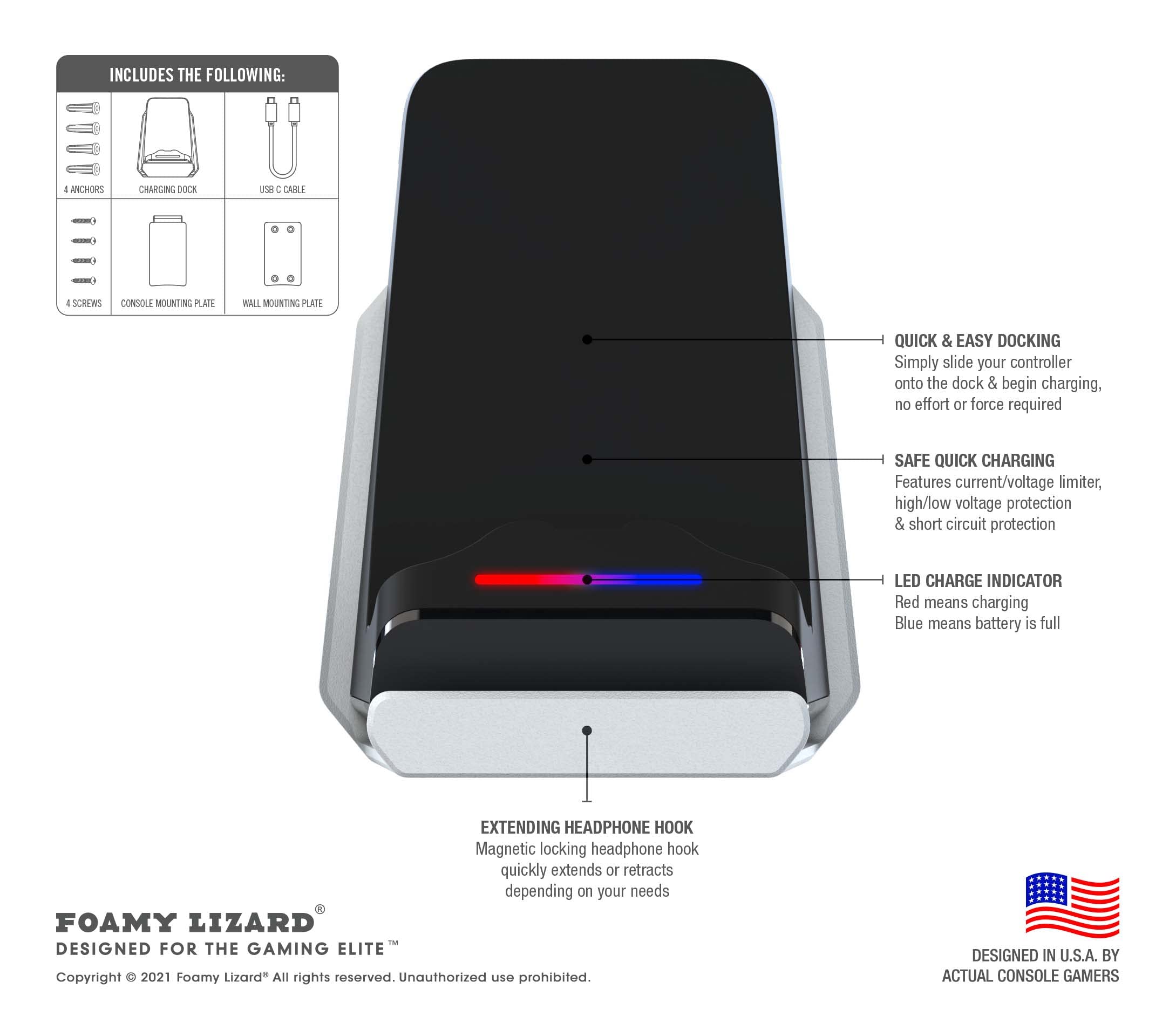 Foamy Lizard PS5 Controller Charger Console and Wall Mount for Playstation 5 DualSense Fast Charging Station Hanging Dock, Headphone Hook, LED Indicator, Overcharge Protection (PS5 White+Black)