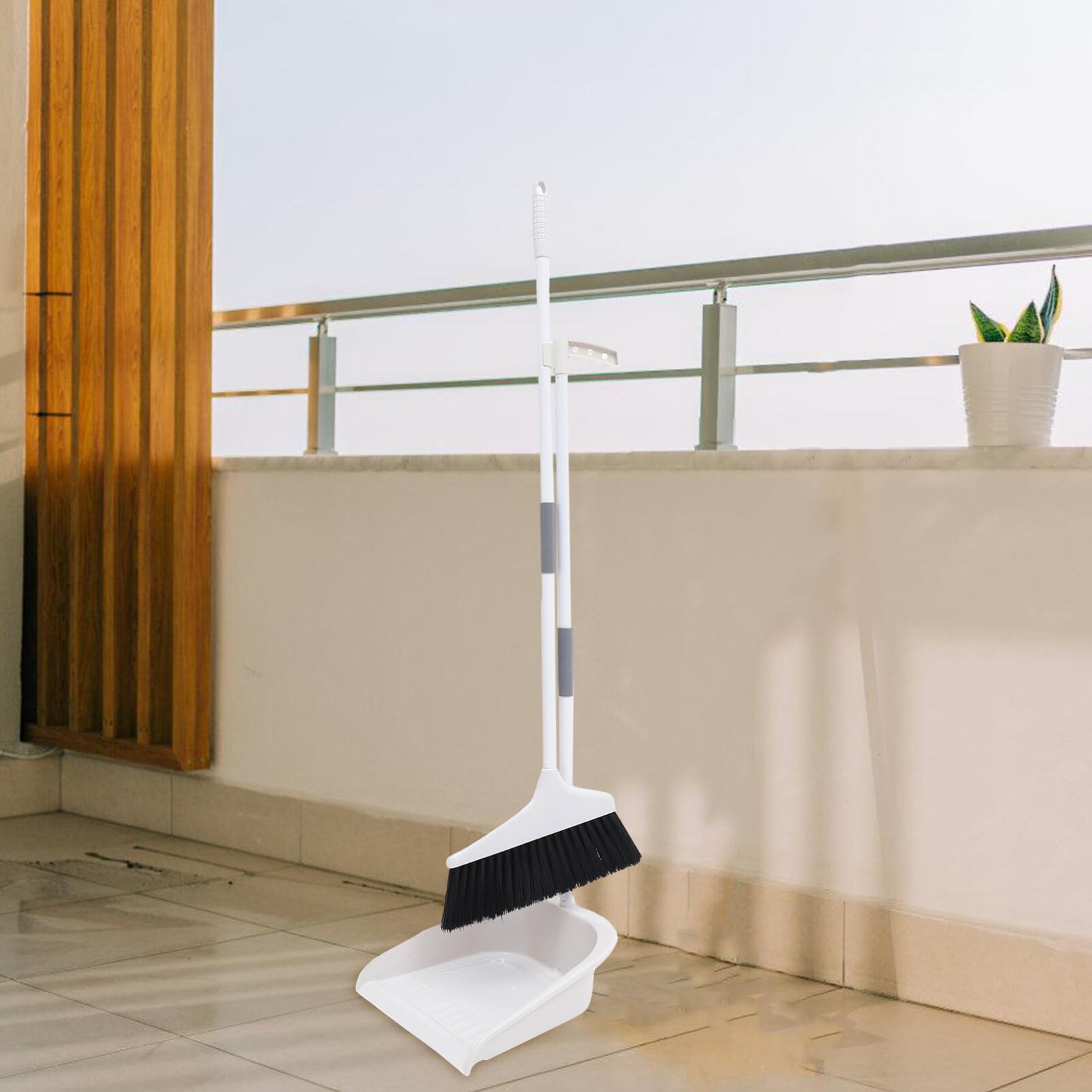 KALLORY Broom and Dustpan Set Dust Pan and Broom Combo for Floor Cleaning Upright Long Handle Broom and Dustpan Set for Sweeping Indoor Outdoor Kitchen Office Lobby Floor White