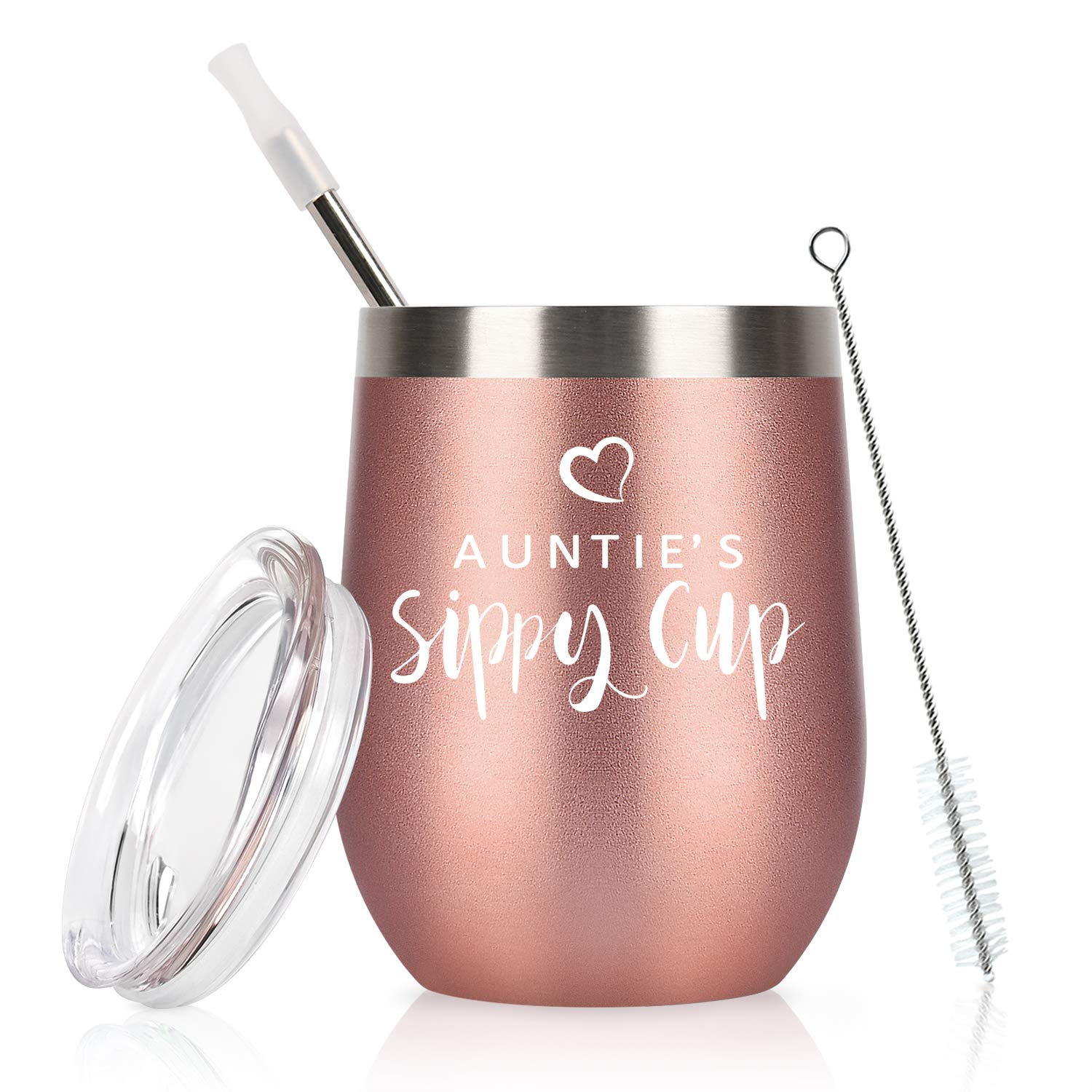 Gifts for Aunt Auntie's Sippy Cup Wine Tumbler with Lid, Birthday Mothers Day Gifts for Aunts New Best Aunt Gifts from Niece Nephew, 12 Oz Funny Insulated Stainless Steel Tumbler with Straw, Rose Gold