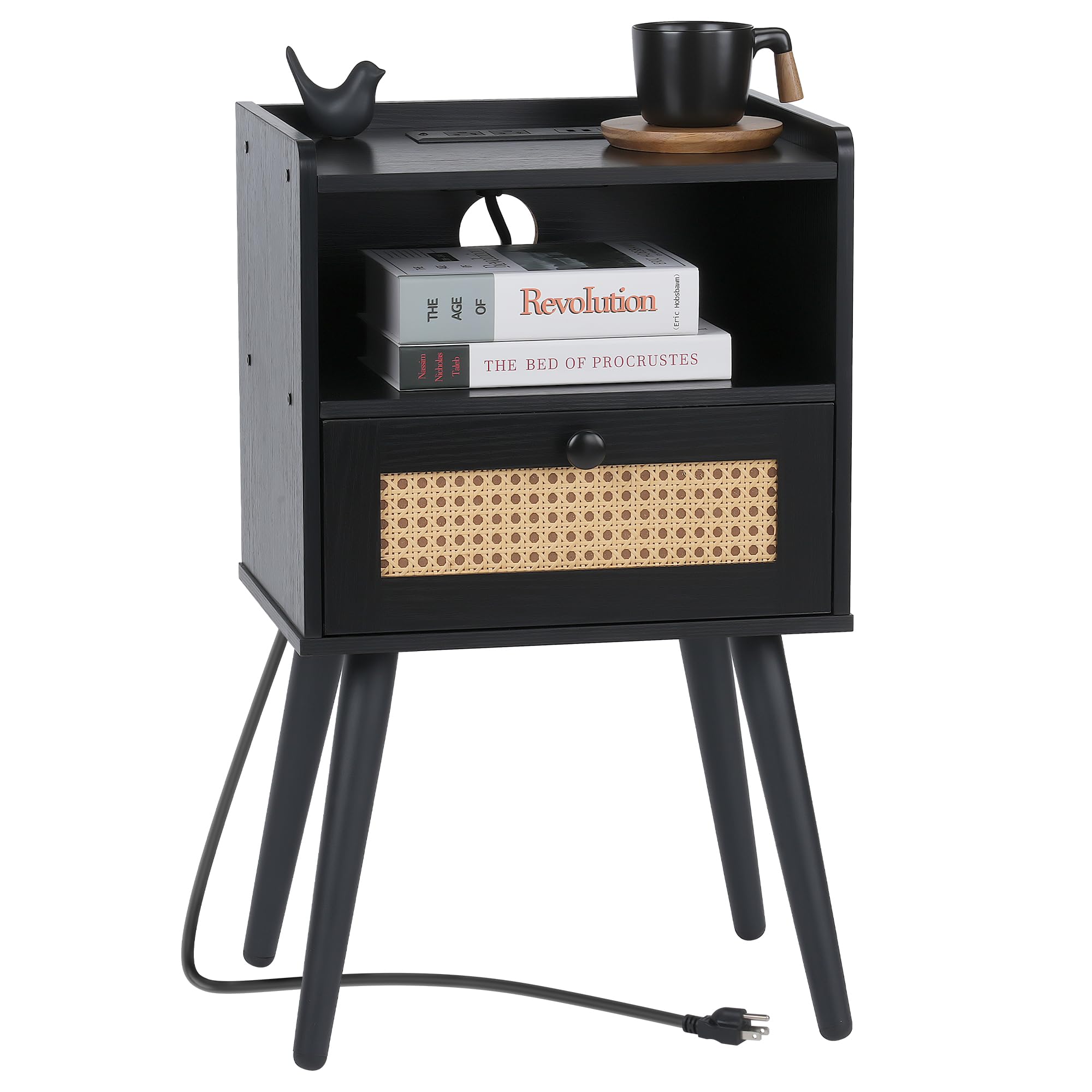 Conami End Table with Charging Station, Black Nightstand, Side Table with Rattan Drawer and Storage, Small End Table for Bedroom, Living Room