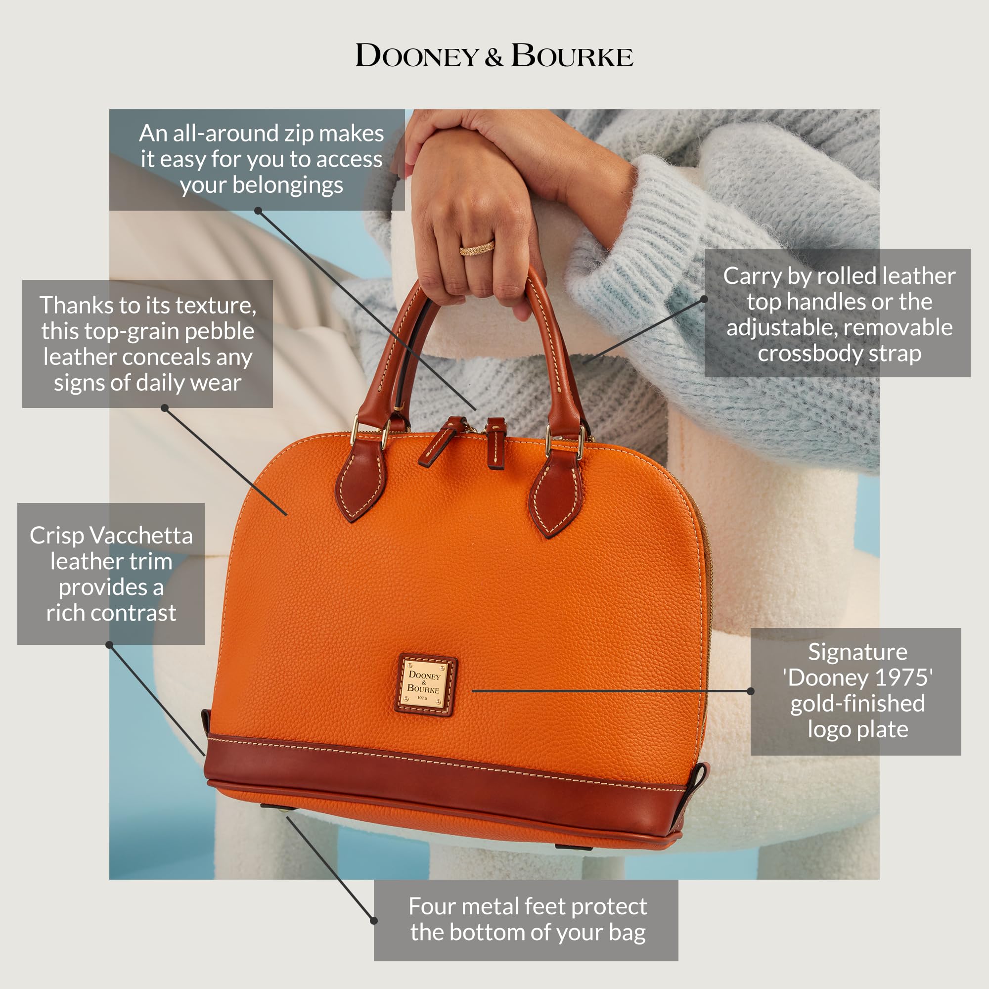 Dooney & Bourke Women's Zip Zip Satchel in Pebble Grain Leather, Large Handbag with Adjustable & Detachable Shoulder Strap, Bone