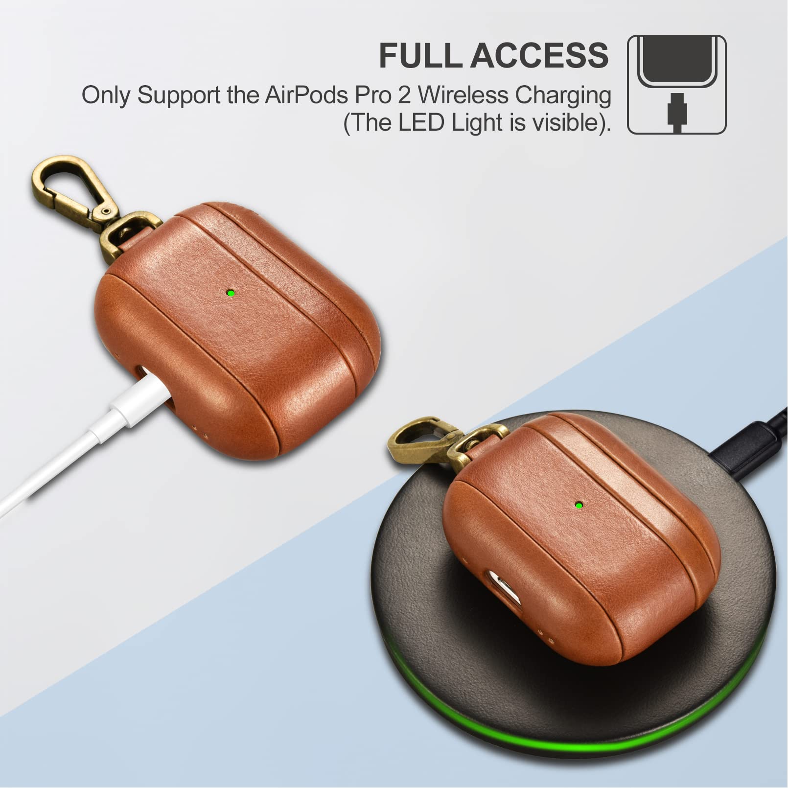 ICARER AirPod Pro 2 Case, Premium Genuine Leather Portable with Metal Keychain Case for AirPod Pro 2nd Generation (Brown)