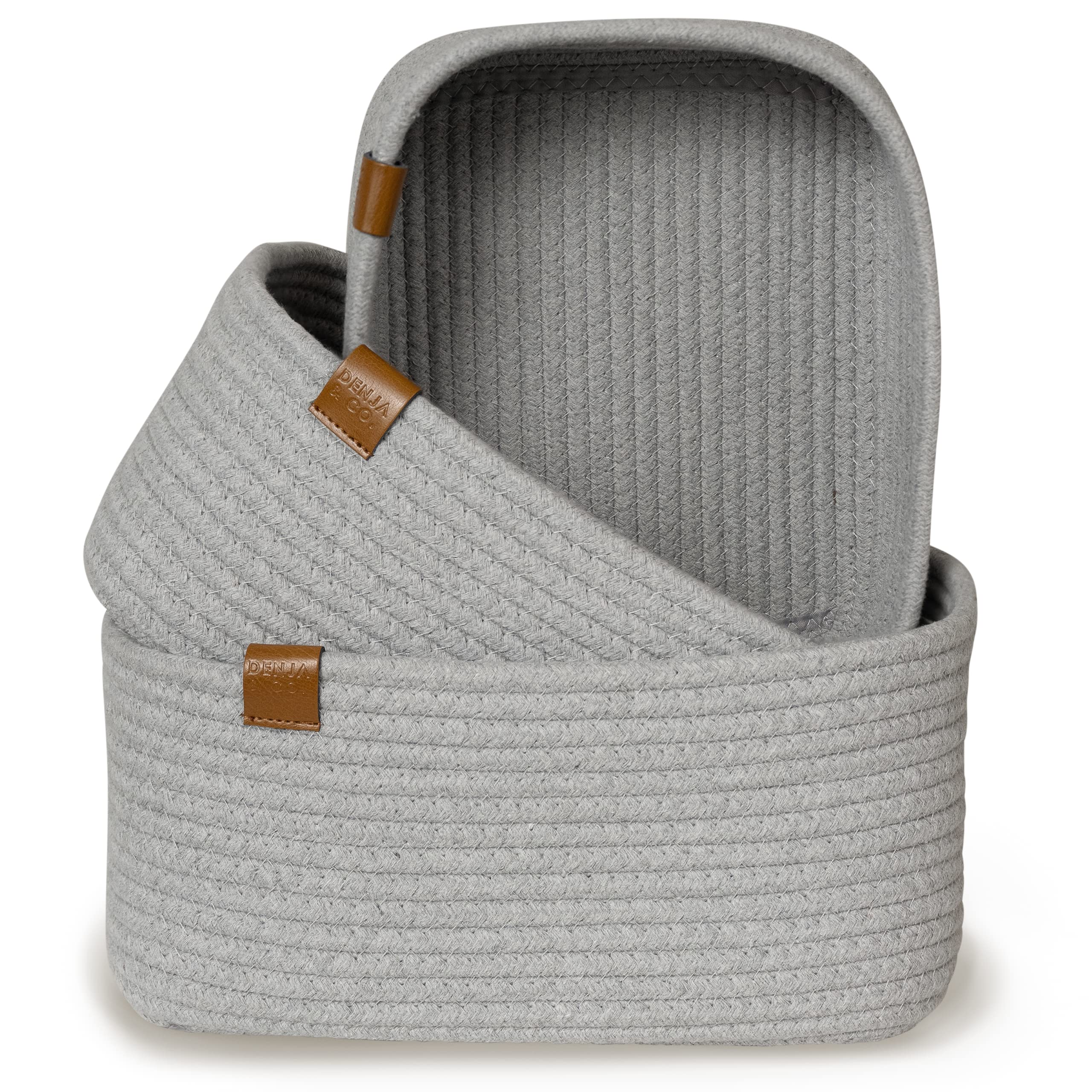DENJA & CO Decorative Storage Basket Organizer Set of 3 and Round Baskets with Lids Set of 2 (Light Gray)
