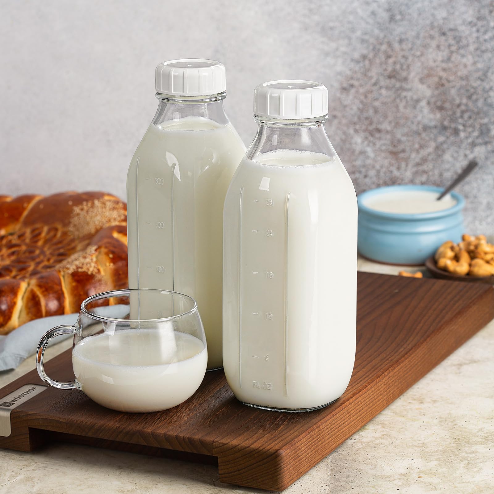 Dwbligt 32 oz Reusable Glass Milk Bottles with Silicone Dispenser Cap, 2 Pack Glass Jars with Airtight Screw Lid, Leak Proof Glass Juice Bottles with Scale Mark for Fridge