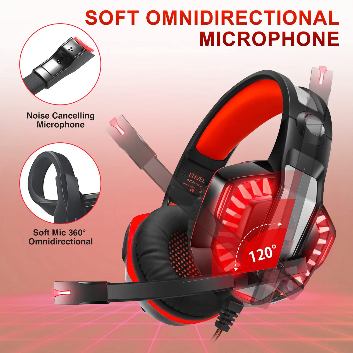 ENVEL Gaming Headset for PS4 with Mic,PC,Laptop,Surround Sound Over Ear Noise Cancelling Headphone with LED Lights Volume Control Compatible with Smartphone/Computer/MacBook/PS5