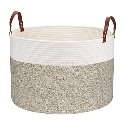 Hombins Large Storage Baskets Cotton Rope Baskets for Storage, 20"X20''X13'' Woven Toy Box Large Blanket Basket for Living Room Storage Laundry Basket with Leather Handle