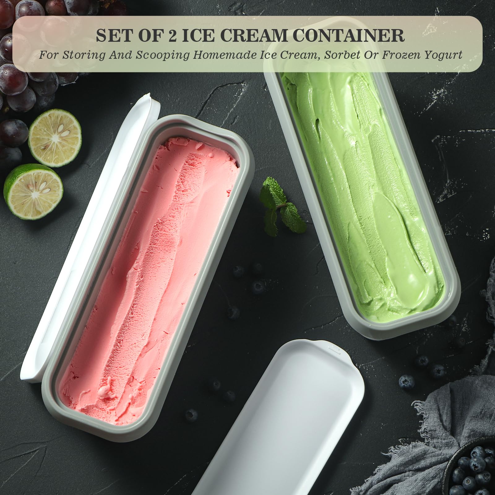 Ice Cream Containers,2Pack Ice Cream Containers for Homemade Ice Cream(1.5 Quart Each),Reusable Plastic Ice Cream Tubs Storage Containers Ice Cream Cups with Lids for Freezer