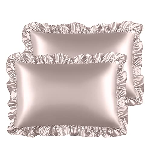 STONECREST Ruffle Satin Pillow Sham for Hair and Skin, Soft Silky Satin Pillow Cover with Envelop Closure Pillowcase Set of 2(20" x 30")(Petal Pink, Queen)