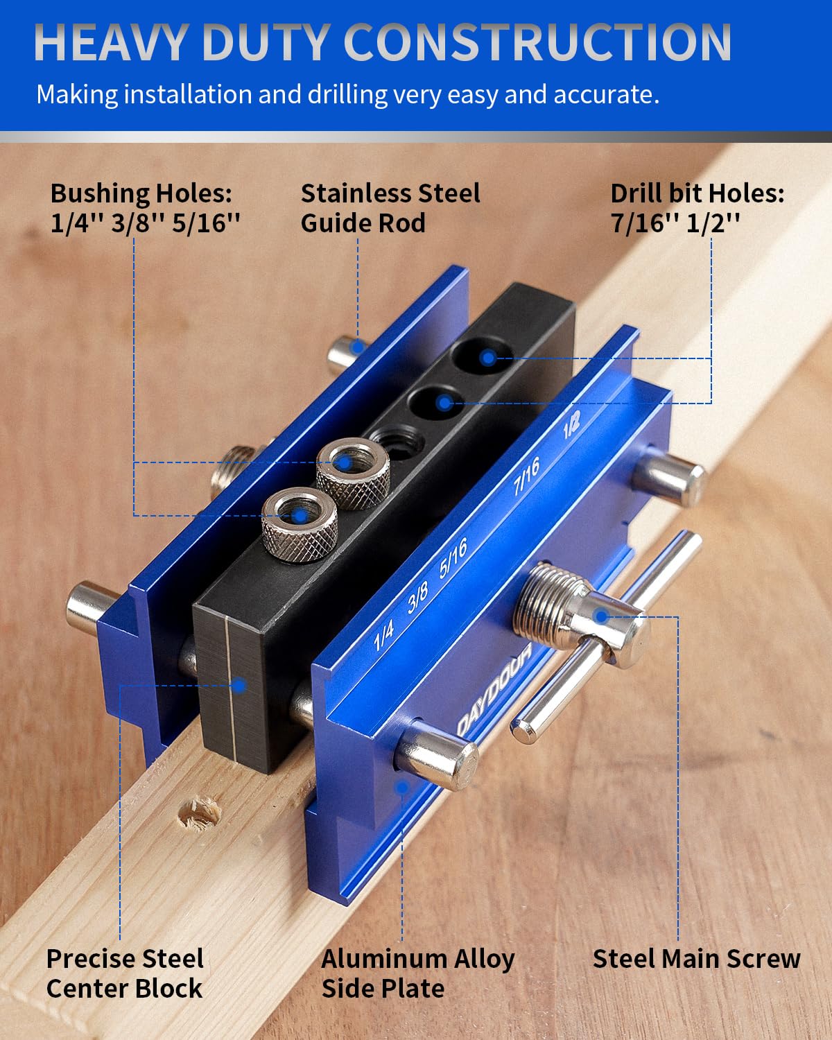DAYDOOR Self Centering Doweling Jig Kit, Adjustable Width Dowel Jig for Woodworking, Centering Jig for Straight Holes Biscuit Joiner Set with 6 Bushings(Blue)
