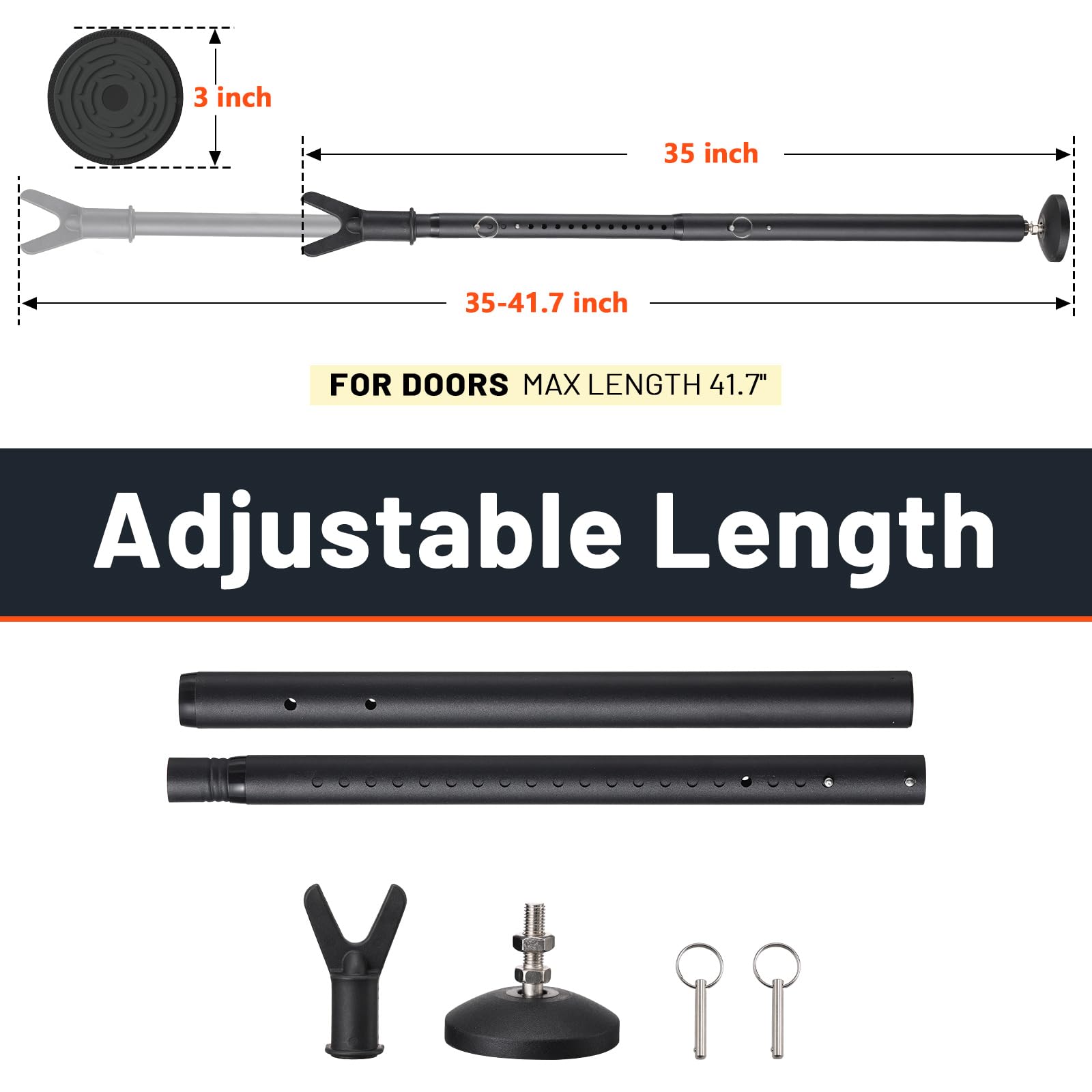 Door Security Bar, 1 1/8 inch Heavy Duty Security Bars, 35-41.7" Adjustbale Door Saftey Bar - Portbale Security Door Barricade Bar Inside (1 pc, Black) (Frosted Black)