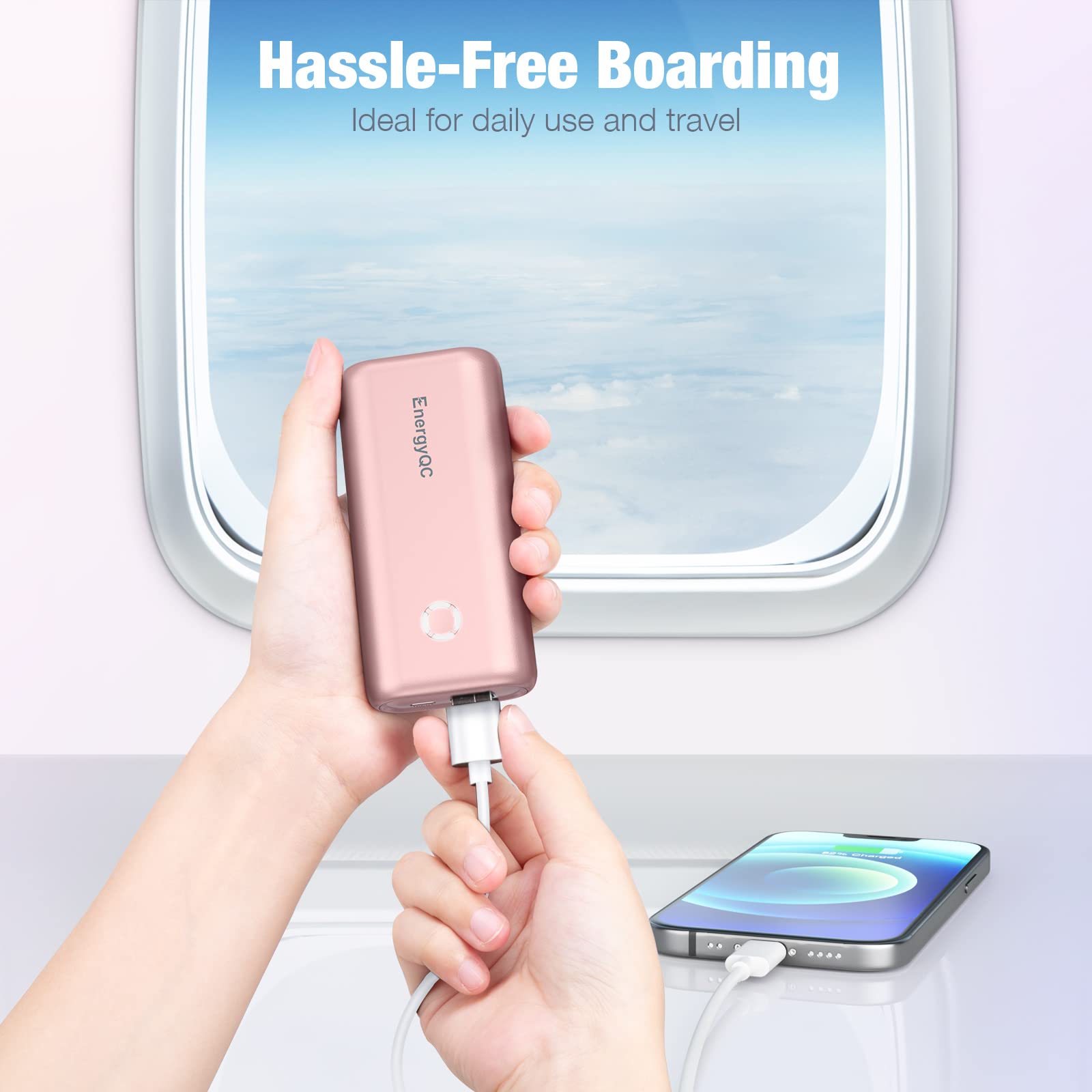EnergyQC Portable Charger, 10000mAh Portable Phone Power Bank External Battery Pack Compatible with iPhone 13/12/11/X Samsung S10 Google LG iPad and More-Rose Gold
