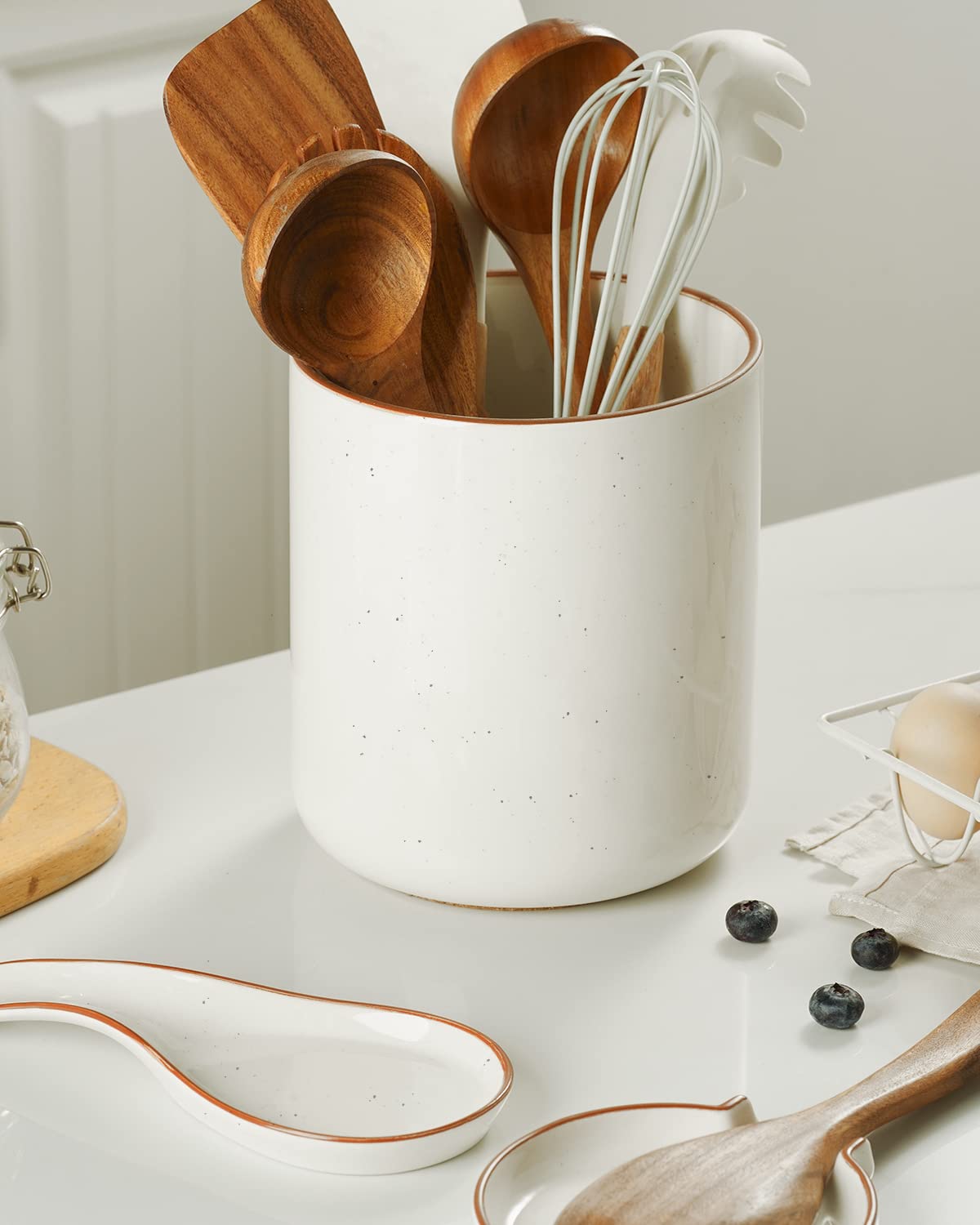 getstar Kitchen Utensil Holder, Large Ceramic Cooking Utensil Holder (H7.2” x W6.2”) for Kitchen Counter with Cork Mat at Bottom, Farmhouse Kitchen Decor