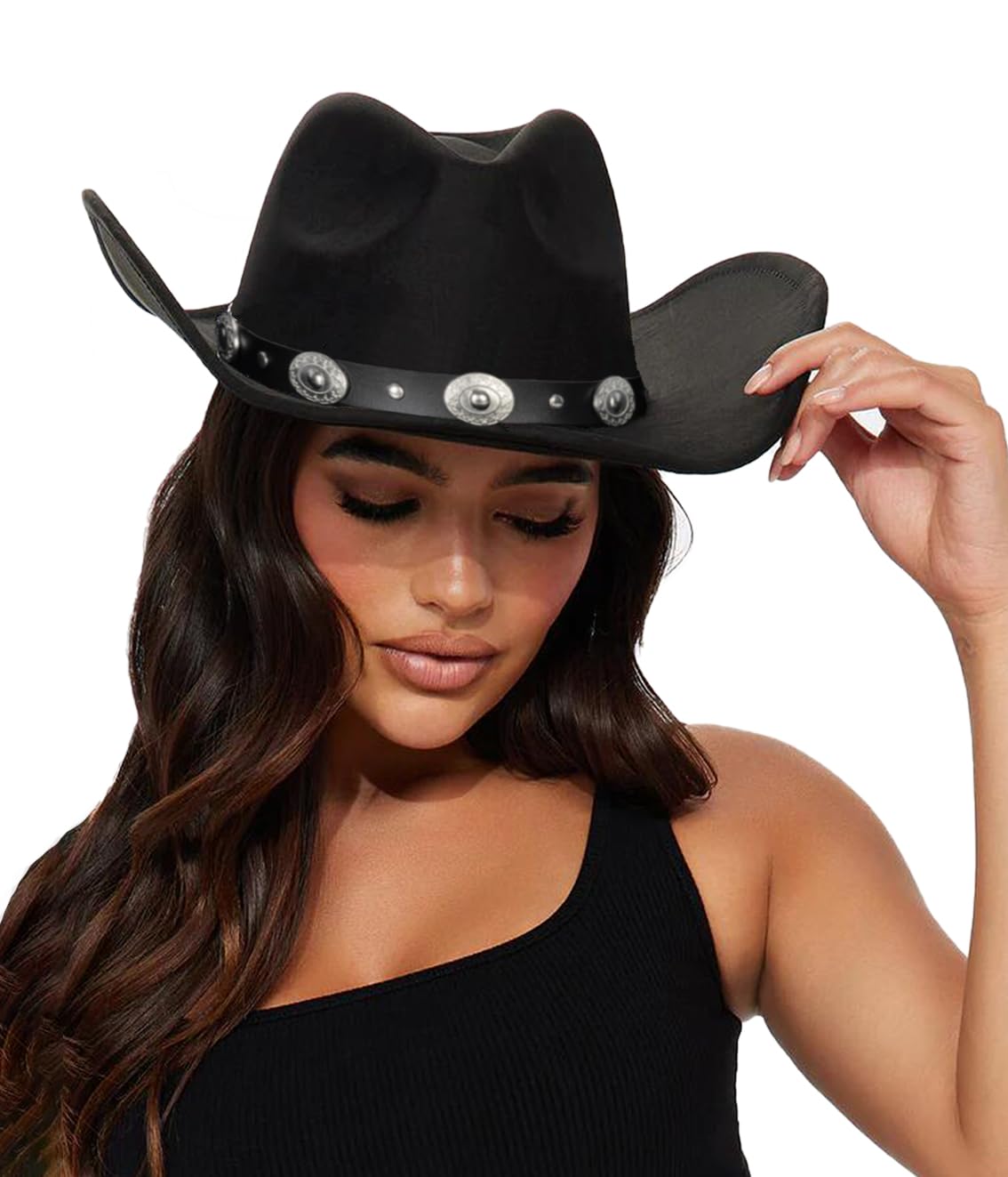 Eohak Womens Western Cowboy Hats Studded Pinched Western Cowgirl Hats Wide Brim Fedoras Hat with Belt Buckle (Size: M-L) (US, Alpha, Medium, Black)