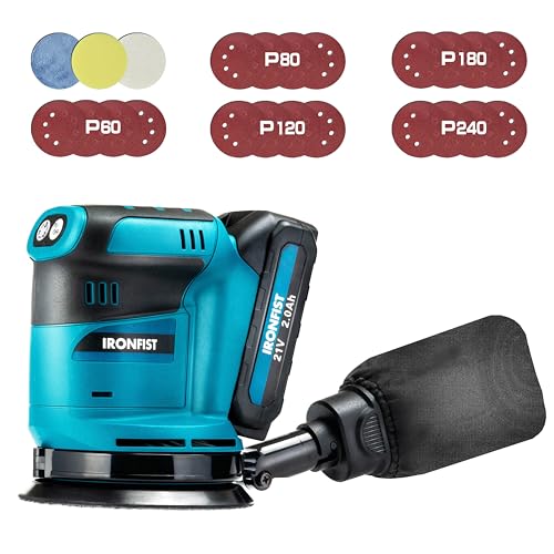 IRONFIST Random Orbit Sander 5inch 21V Lithium Battery 3 Speed Setting with Dust Bag 20pcs sandpapers and 3pcs Polishing Sponges