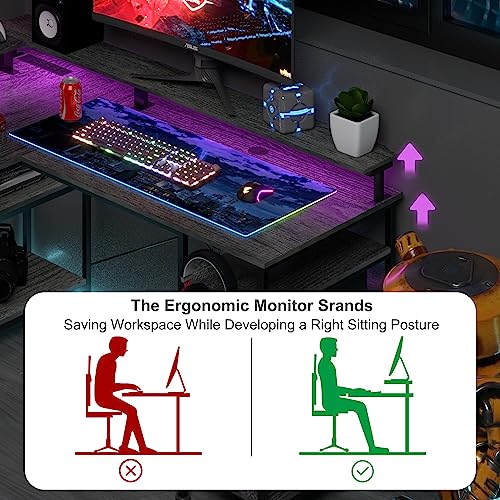 Tbfit L Shaped Desk, Reversible Corner Computer Desk with Power Outlet and LED Strip, Gaming Computer Desk with Monitor Stand and Storage Shelf, 2 Person Long Writing Study Table, Grey