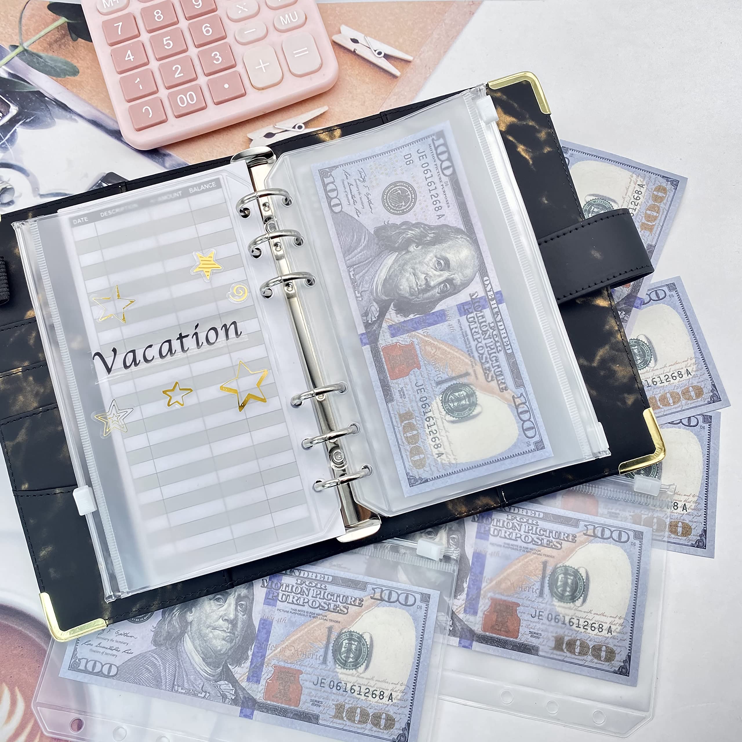DOMUUH Budget Binder with Zipper Envelopes & Expense Budget Sheets, Money Binder with Cash Envelopes for Budgeting and Saving Money, Money Organizer for Cash (Marble Black)