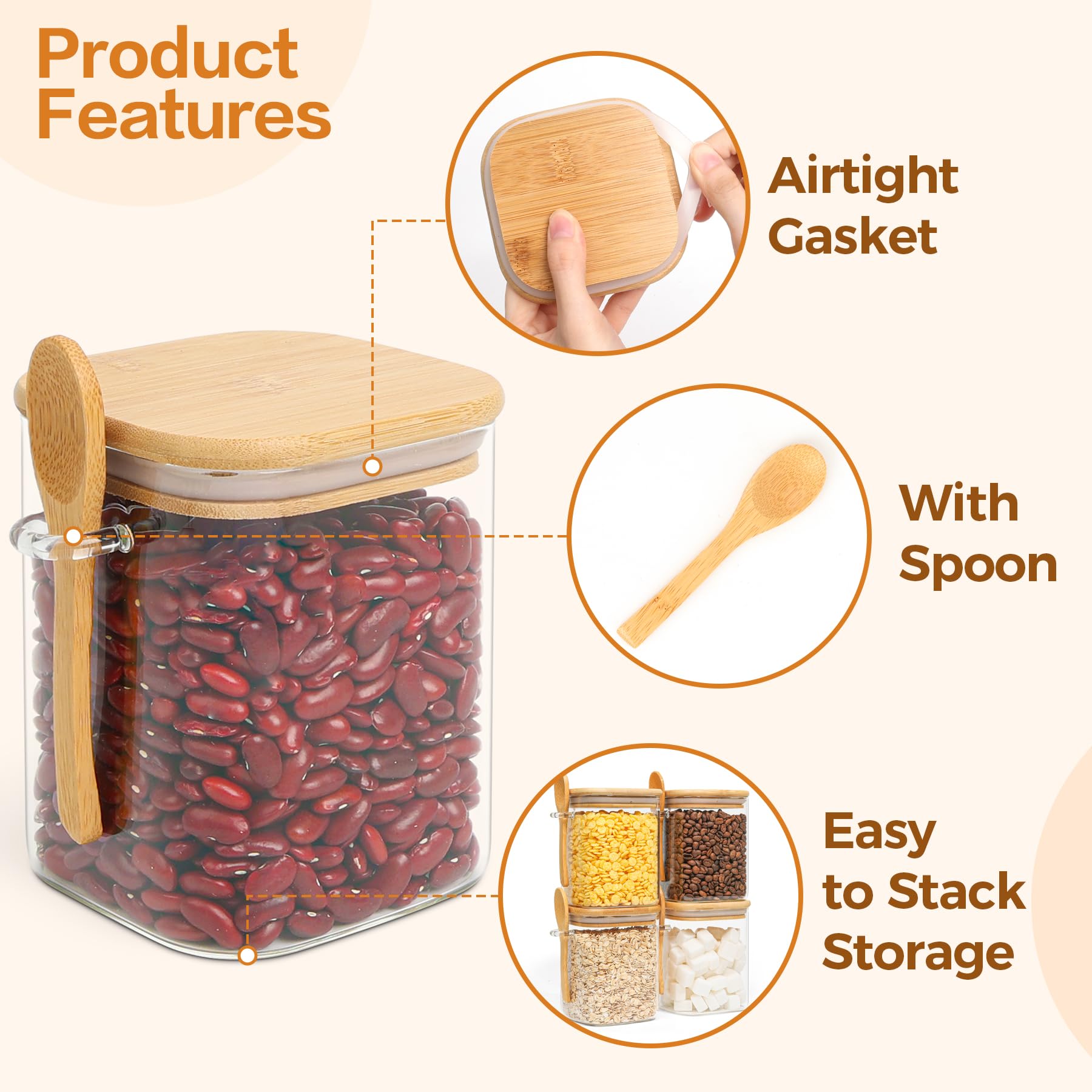 ComSaf 31oz Glass Jars with Bamboo Lids & Spoons Set of 4, Square Glass Containers with Lids, Sugar Coffee Containers Salt Spice Jars, Pantry Storage Container for Loose Tea, Candy, Brown Sugar, Nuts
