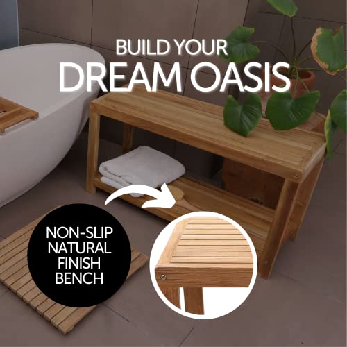NORDIC STYLE TEAK Wood Shower Stool and Spa Bench with Shelf, Teak Shower Bench for Indoor and Outdoor Use, Teak Storage Bench, Teakwood Shower Bench, Natural Teak Finish, 35"
