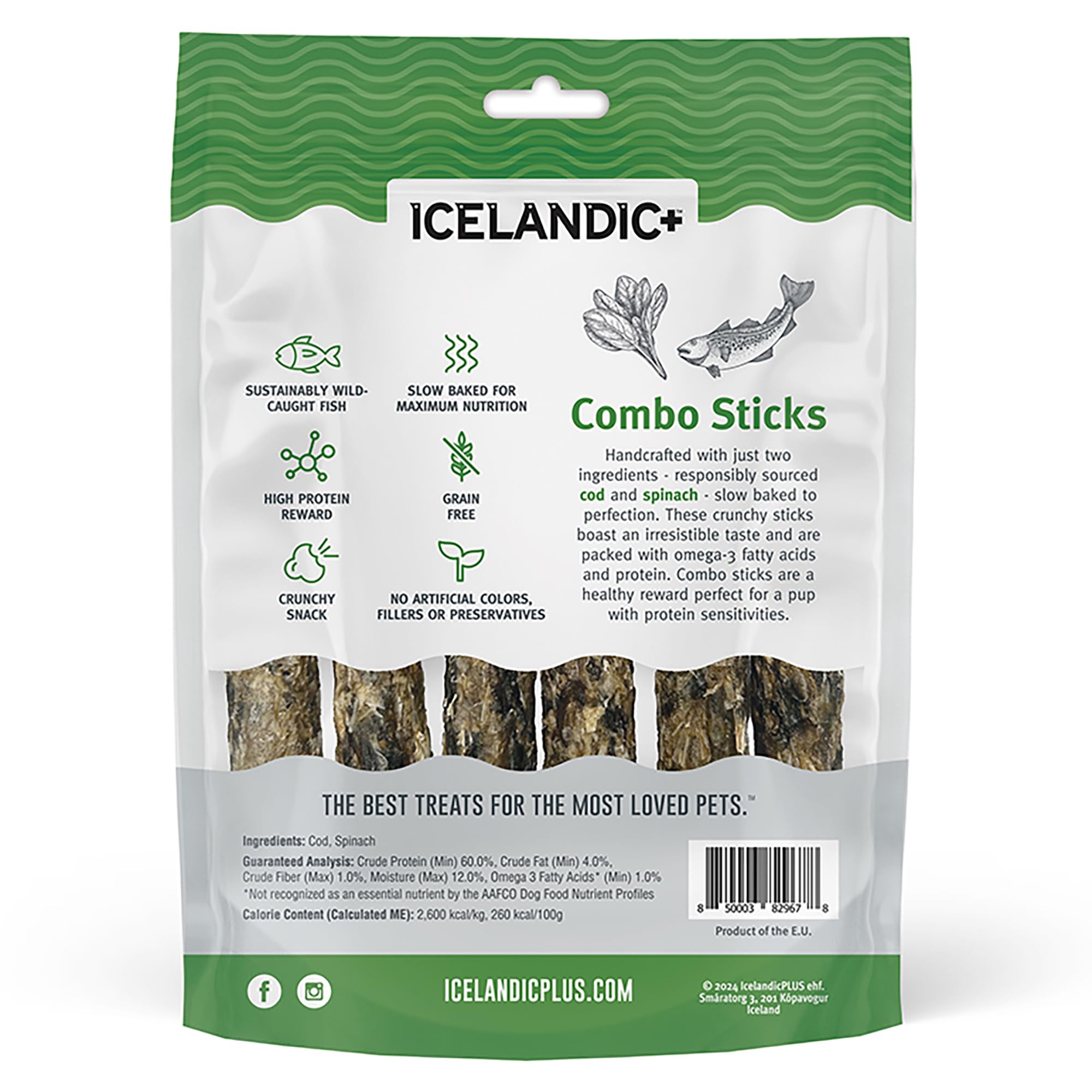 Icelandic+ Combo Sticks: Cod & Spinach - 2oz - Dog Treats, Crunchy 2 Ingredient Pet Snacks, Preservative Free, Wild Caught Fish, Slow Baked, Natural
